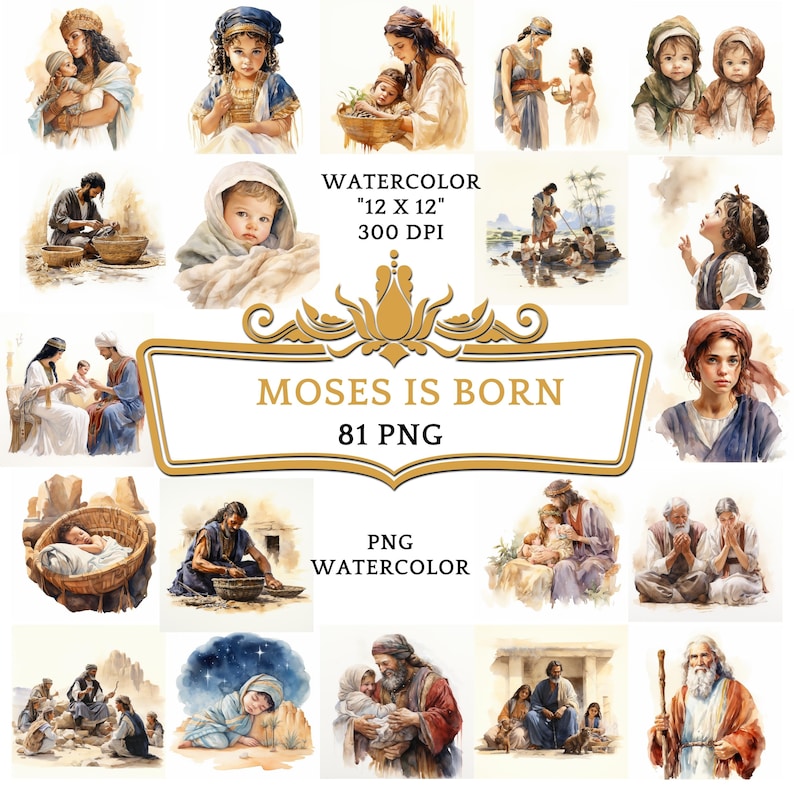 81 Watercolor Moses is Born Clip Art Christian Religious Bible Based ...