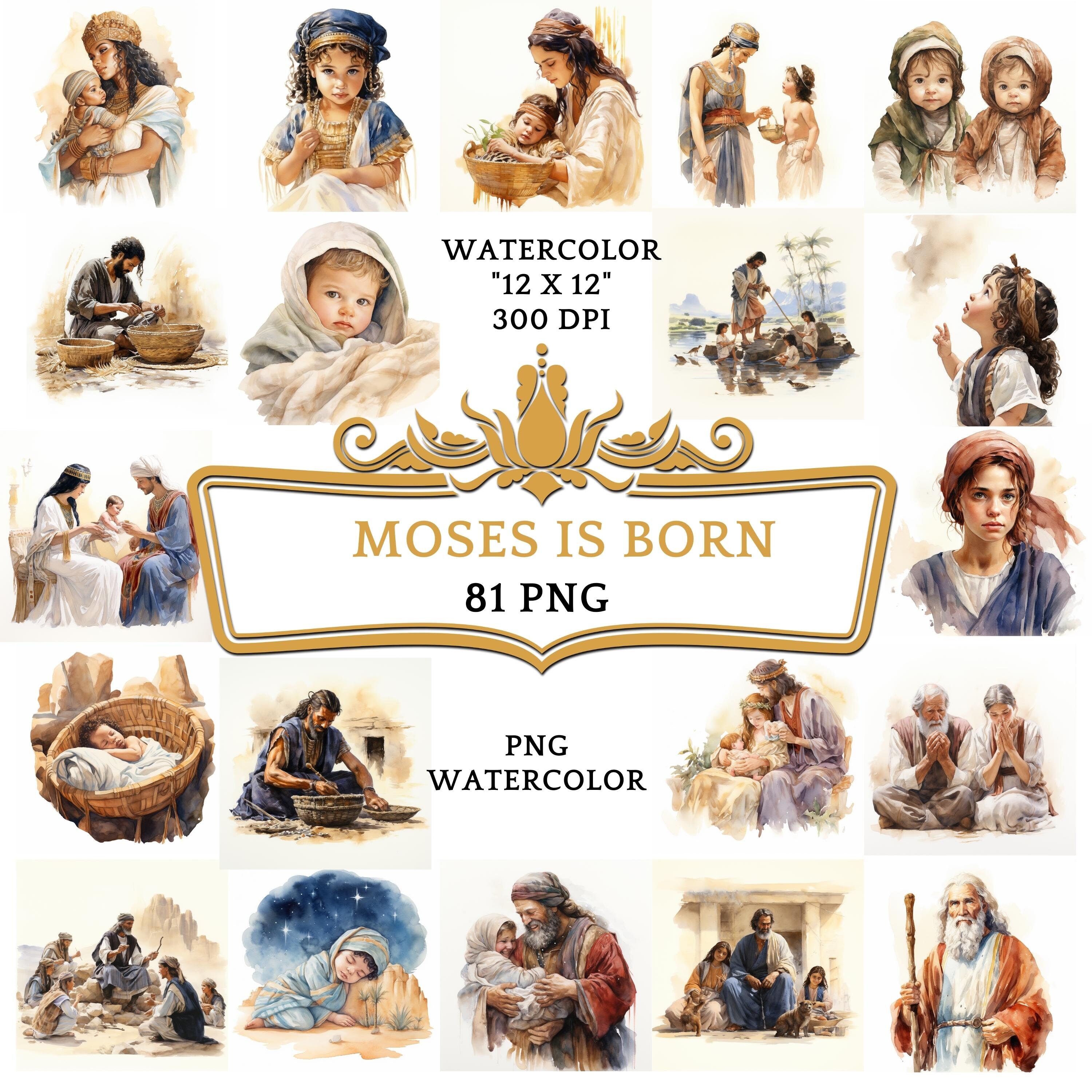 81 Watercolor Moses is Born Clip Art Christian Religious Bible Based ...