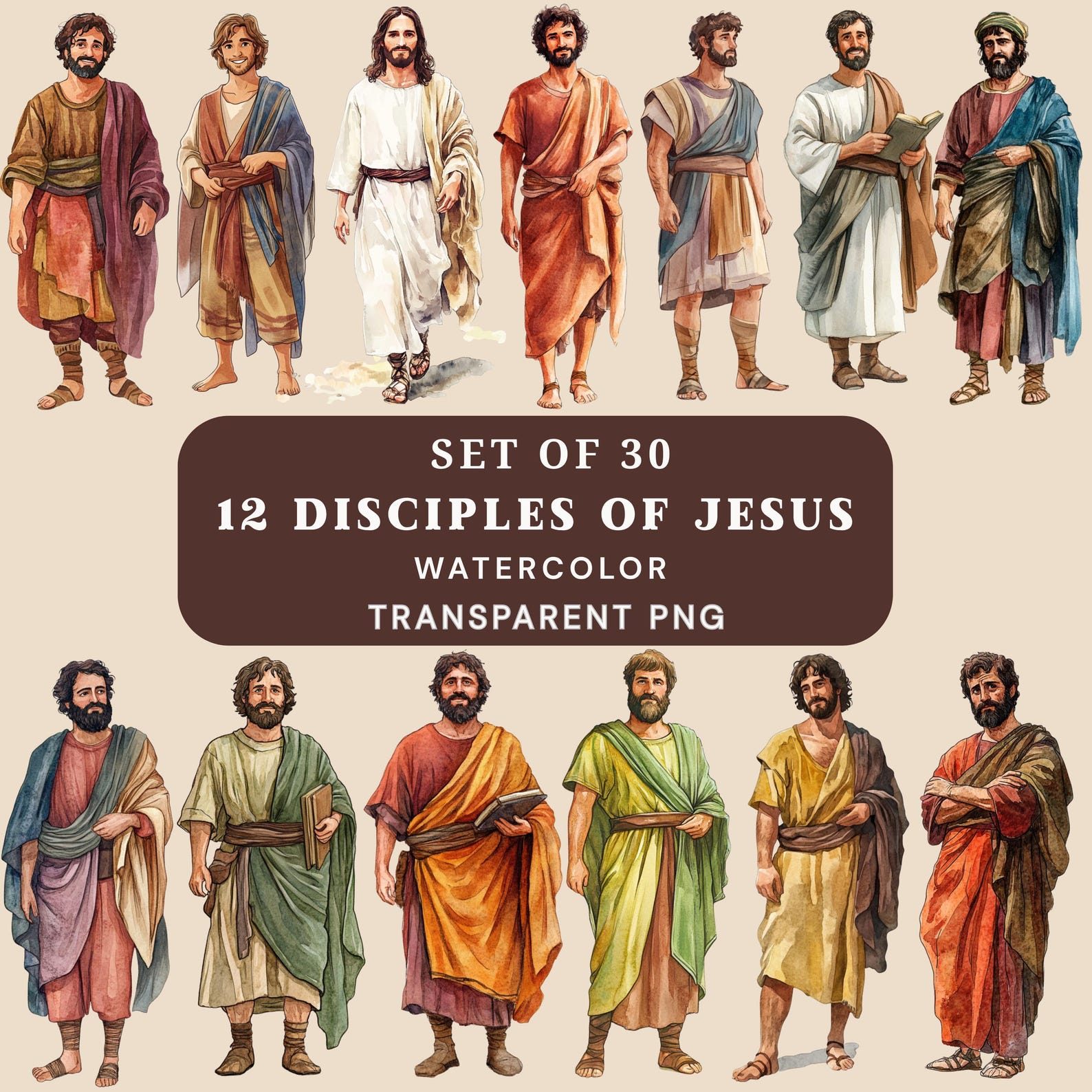 30x Twelve Disciples of Jesus PNG Bundle, Watercolor Bible Characters ...