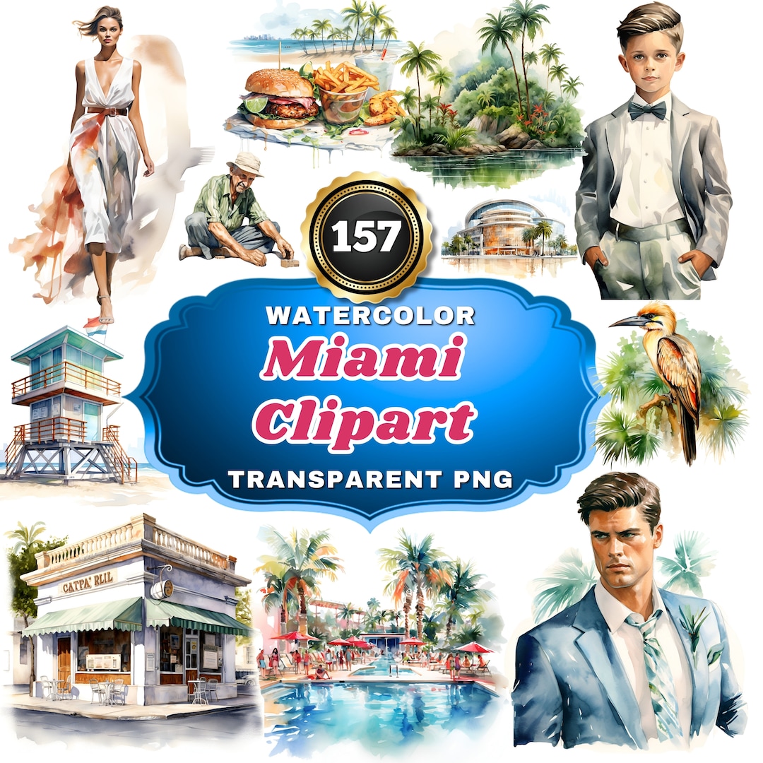 157 Watercolor Miami Clipart PNG Bundle, Lively Sunshine City Beach and ...