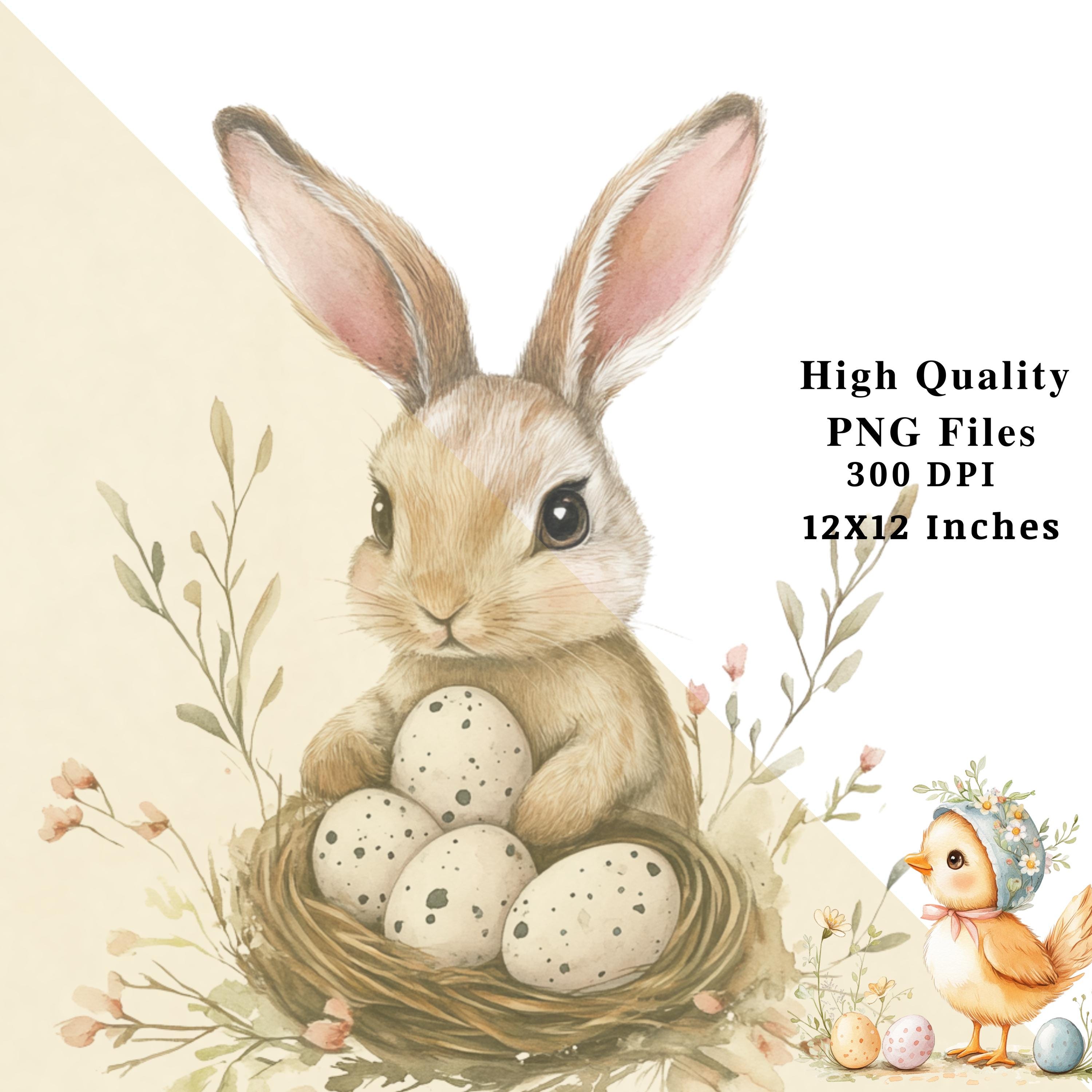 65 Watercolor Easter Bunny Clipart, Vintage Rabbit PNG, Spring Floral ...