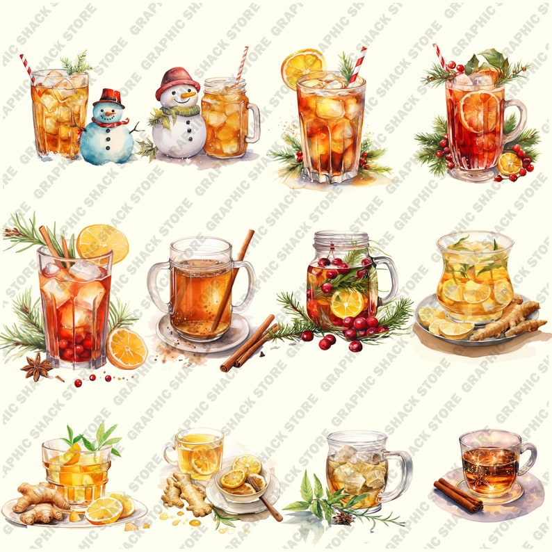 124 Watercolor Christmas Tea Clipart PNG Bundle Holiday Tea Time Images ...