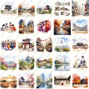 153 Watercolor Seoul PNG Clipart |iconic South Korean Landmarks for ...