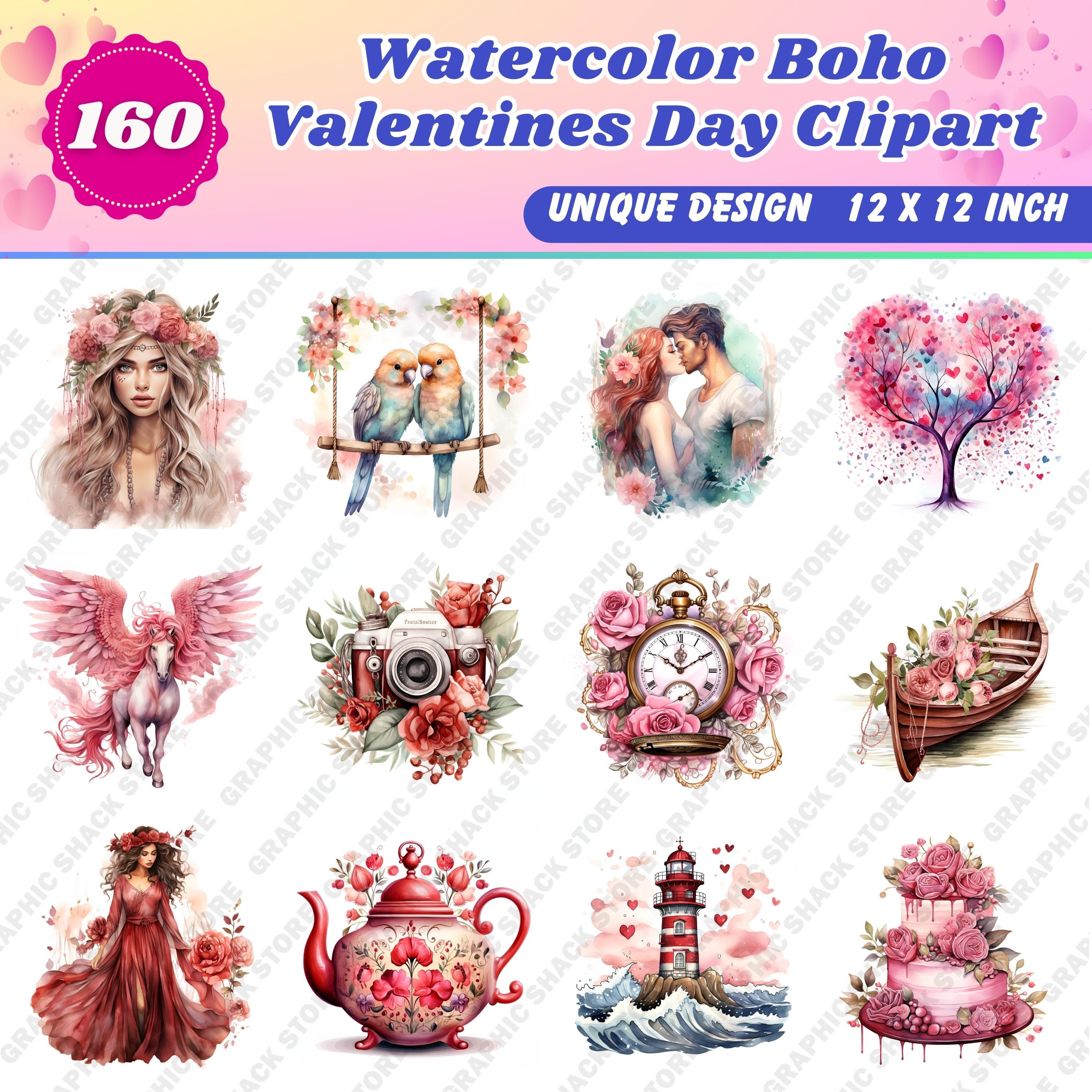 160 Boho Valentine's Day Clipart PNG Collection, Watercolor Love Themed ...