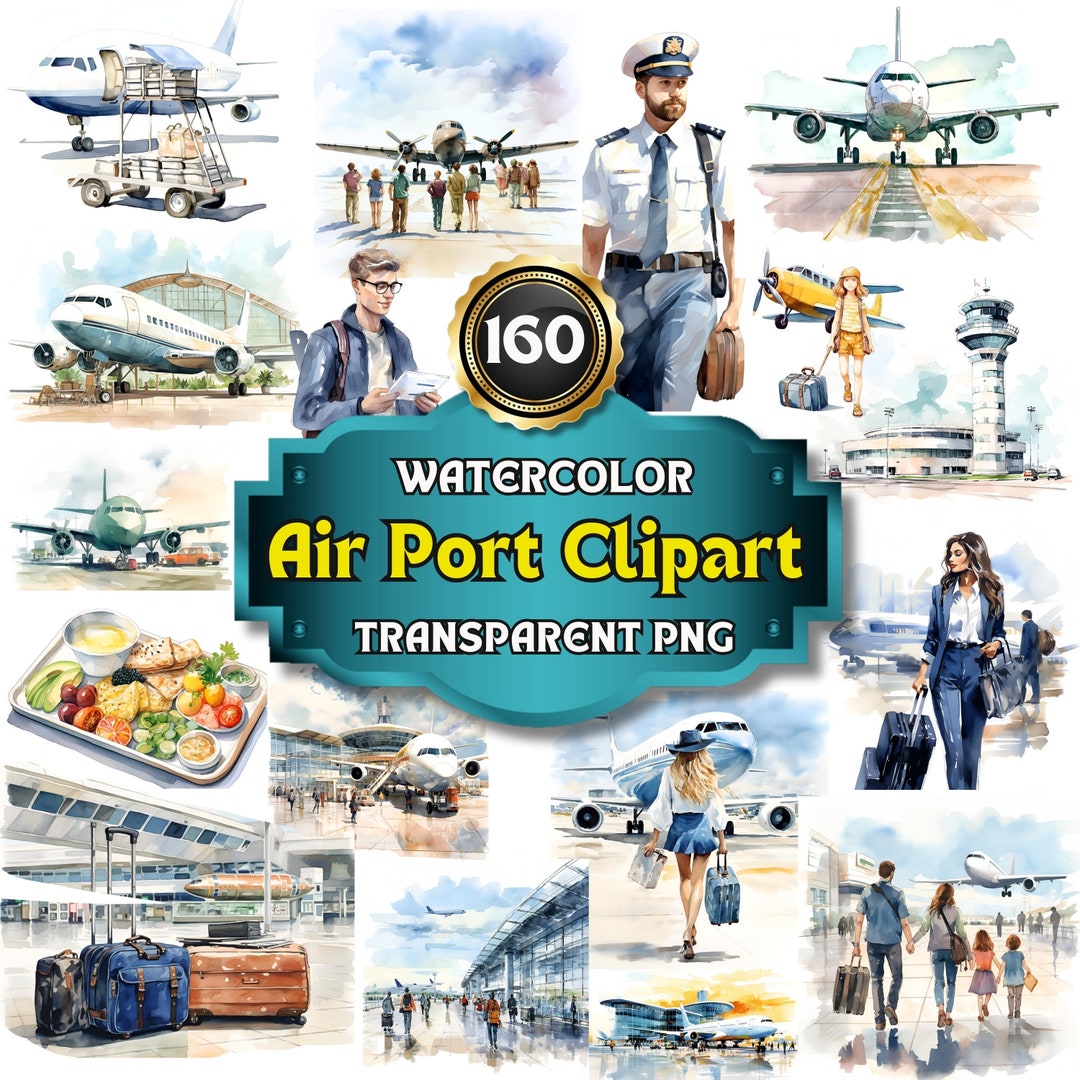 160 Watercolor Air Port Clipart Jet-set Collection: A Traveler's Dream ...
