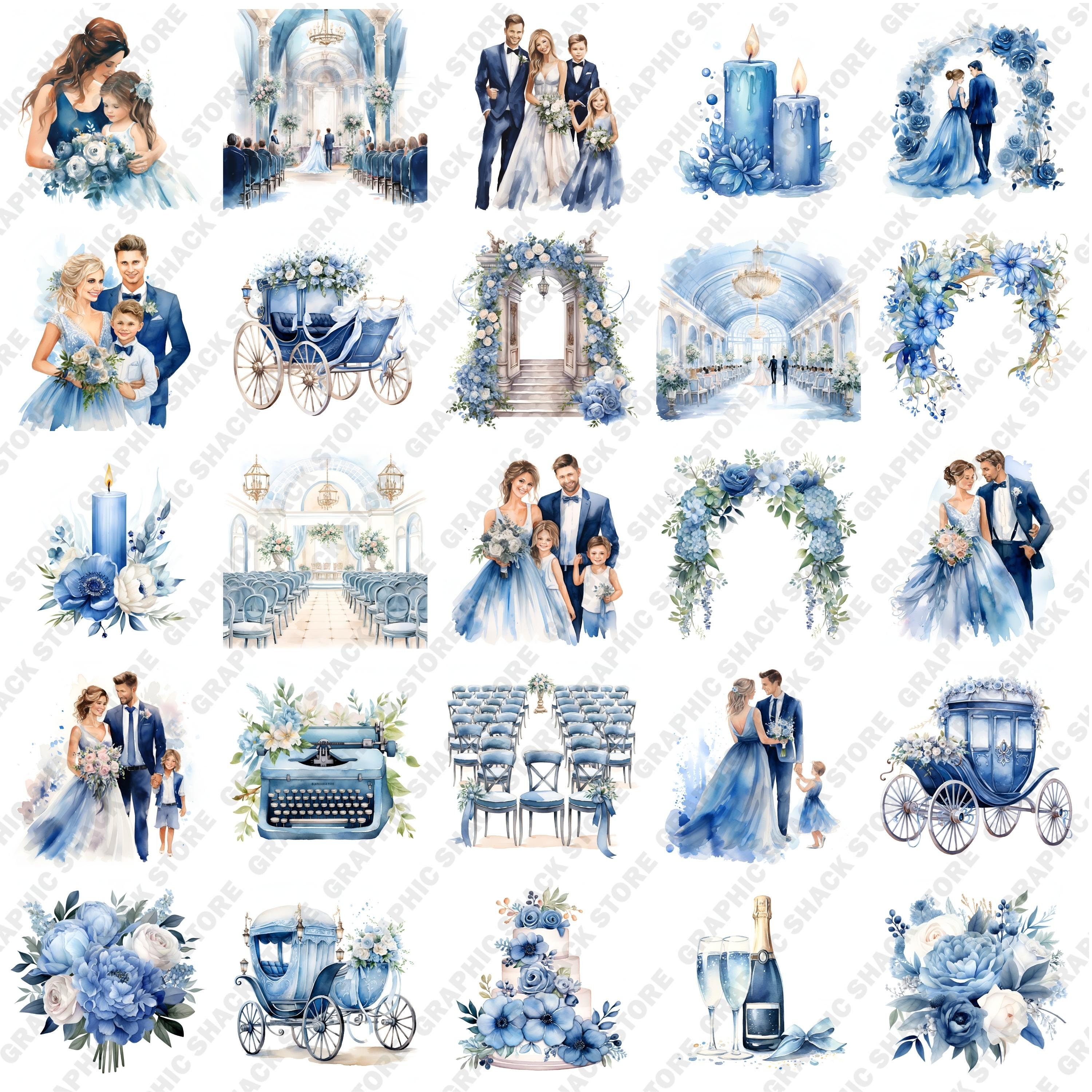 167 Watercolor Blue Wedding Day Cliparts, Blue Bliss Nuptials: Romantic ...
