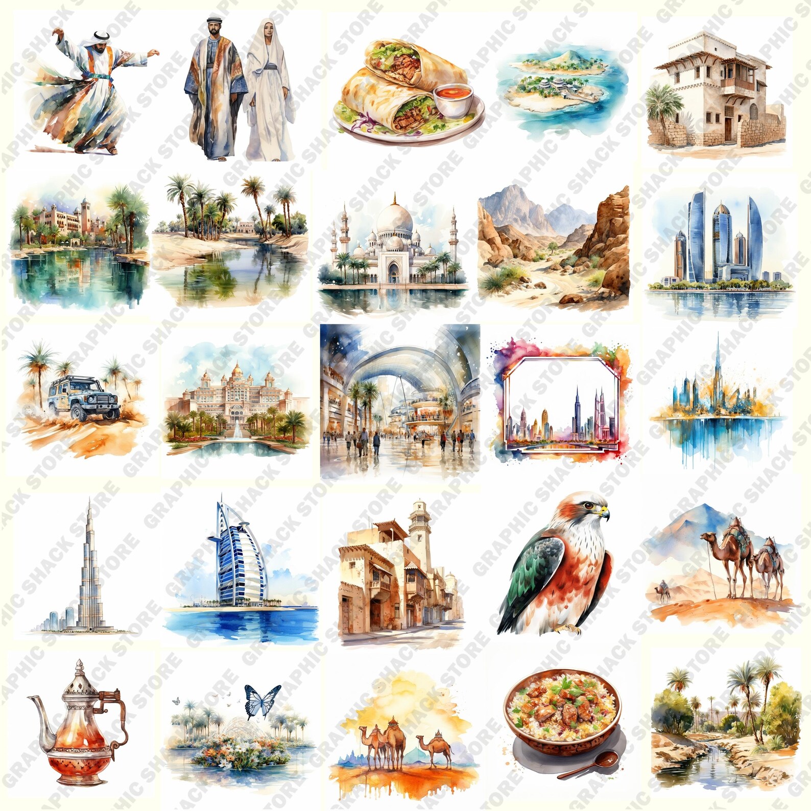 78 Watercolor United Arab Emirates PNG Clipart Bundle, UAE Summer ...