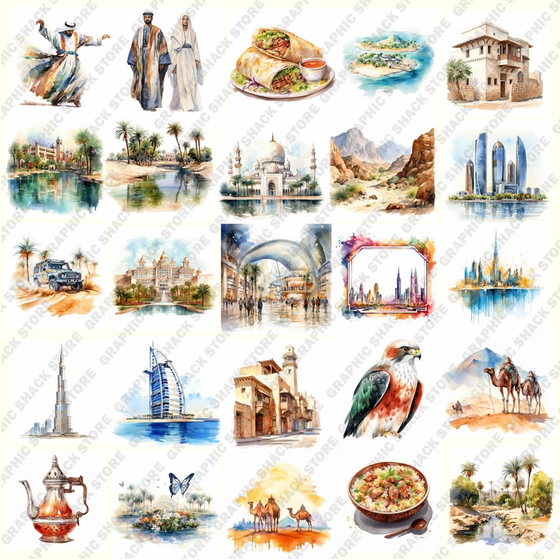 159 Watercolor United Arab Emirates PNG Clipart Bundle, UAE Summer ...