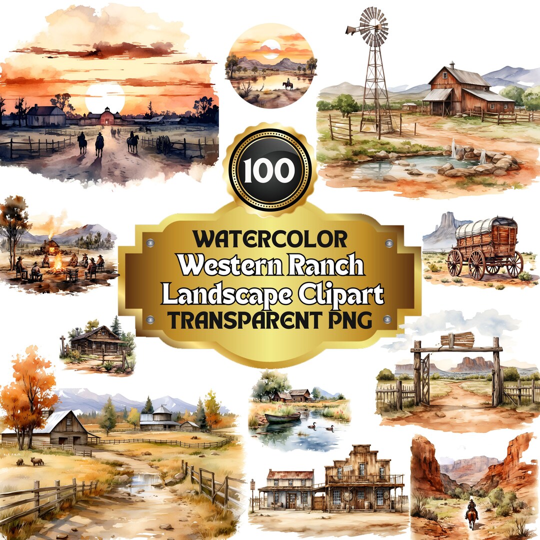 100 Watercolor Western Ranch Landscape Cliparts, Frontier Vistas Bundle ...