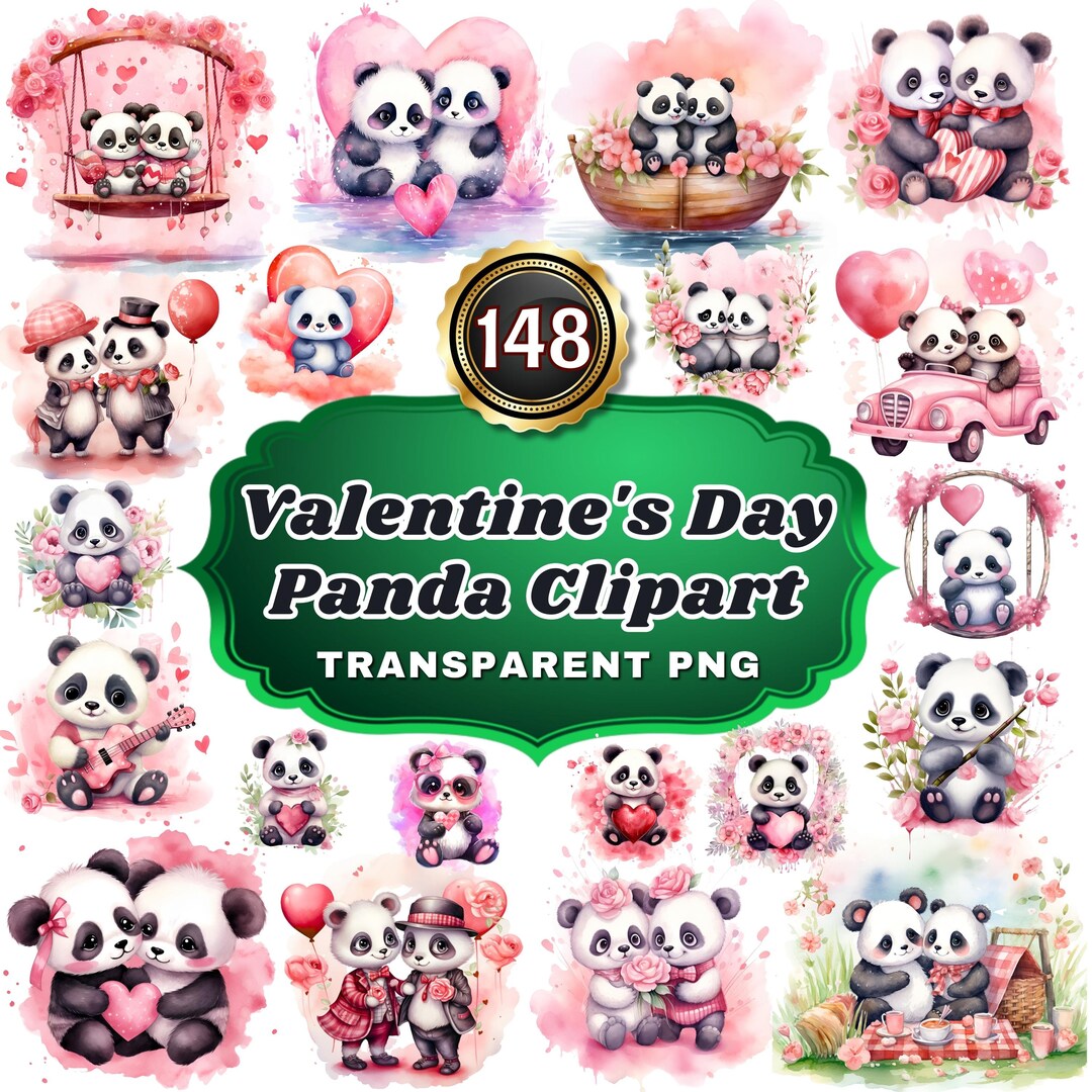 Panda Love Fest: 148 Watercolor Valentine's Day Panda Cliparts - Cute ...