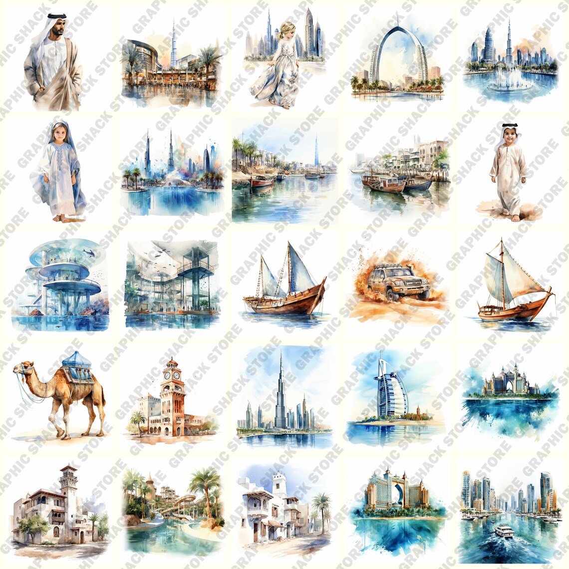 100 Watercolor Dubai PNG Clipart Bundle, Dubai Summer Travel, Landmark ...