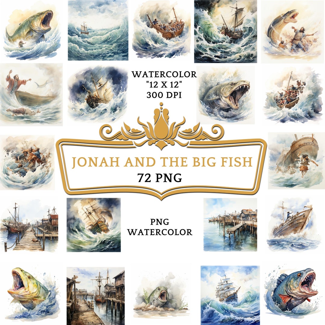 72 PNG Watercolor Jonah and the Big Fish Clip Art | Christian Religious ...