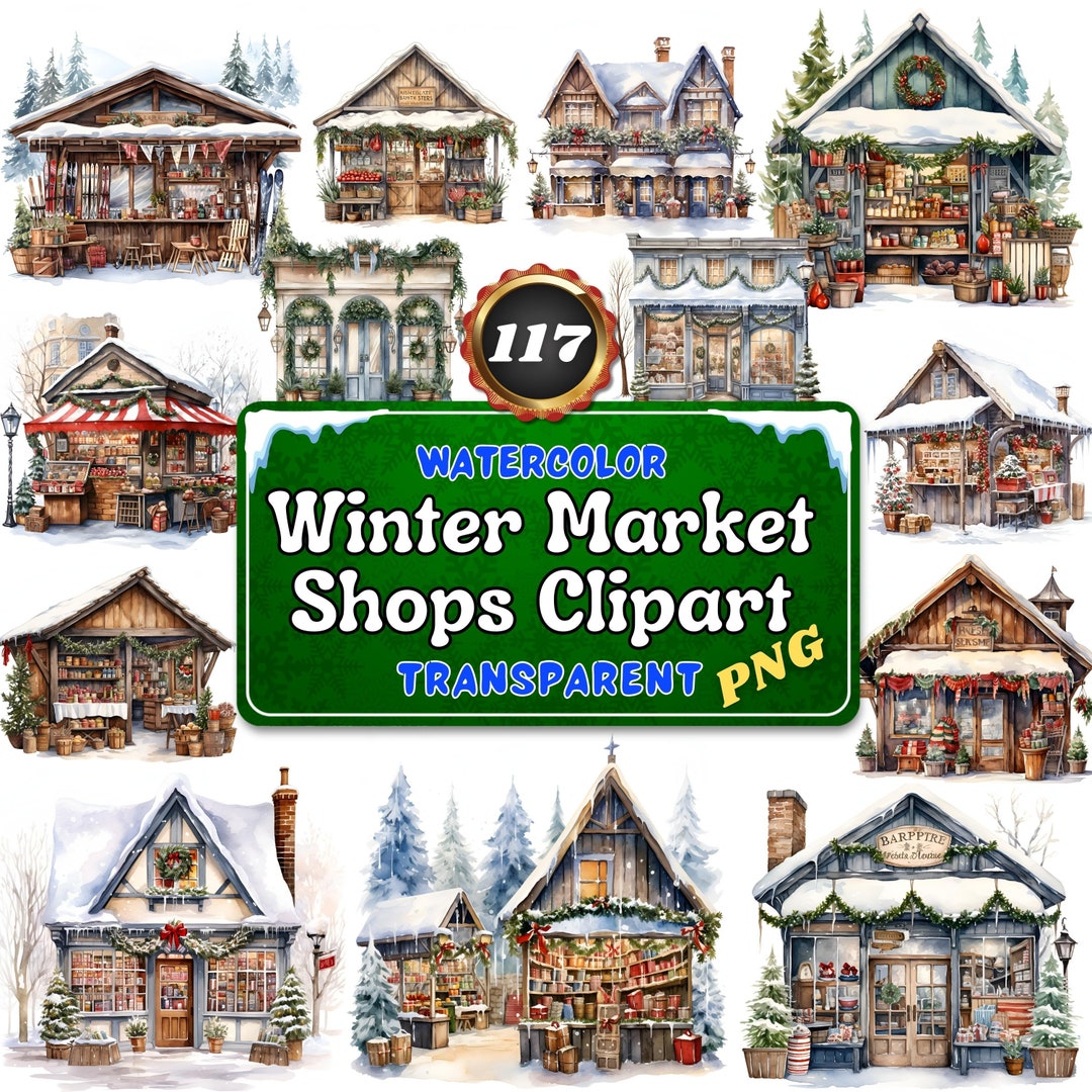 117 Watercolor Winter Market Shops PNG Clipart, Festive Christmas ...