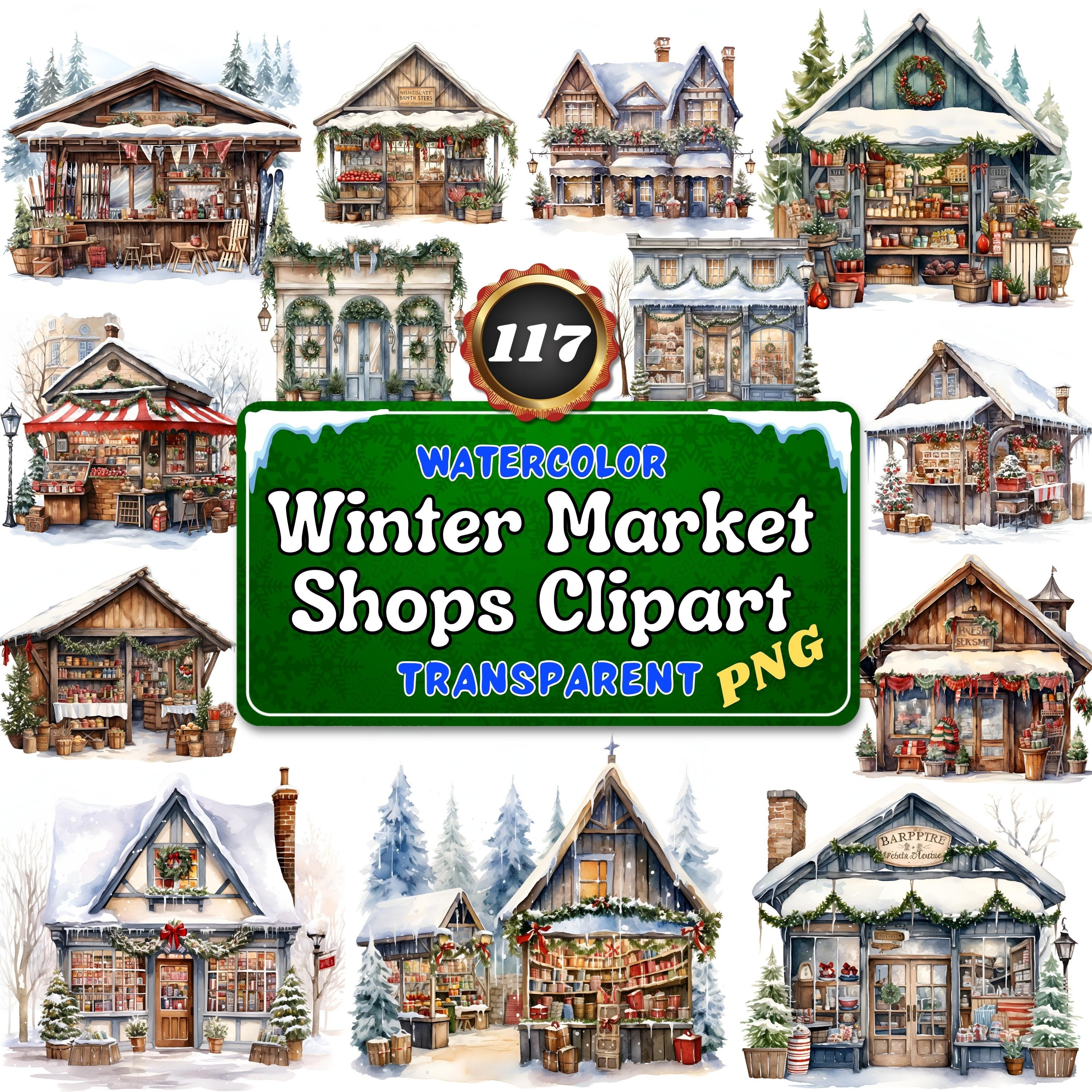 117 Watercolor Winter Market Shops PNG Clipart, Festive Christmas ...