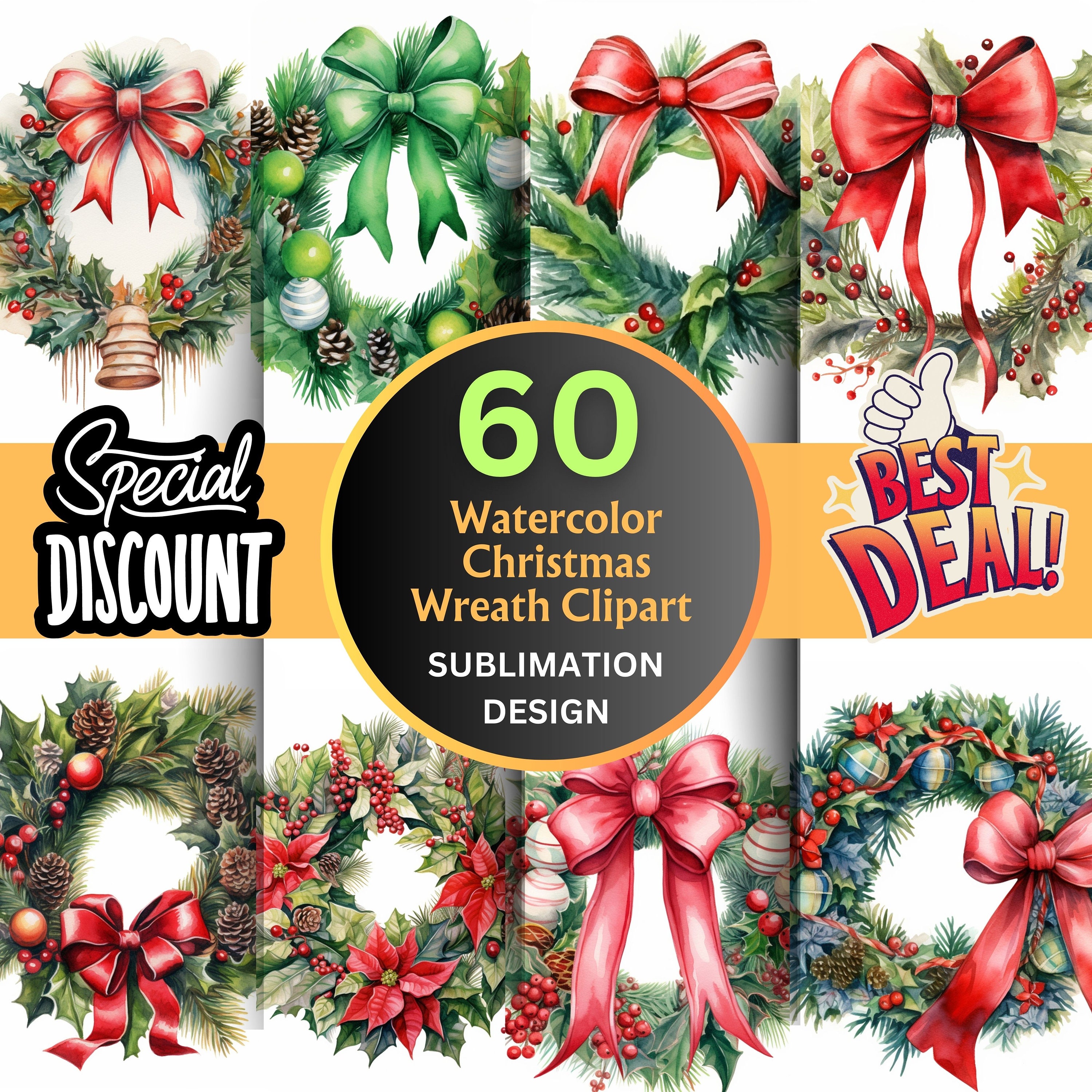 60 Watercolor Christmas Wreath Clipart PNG Bundle, Merry Christmas ...