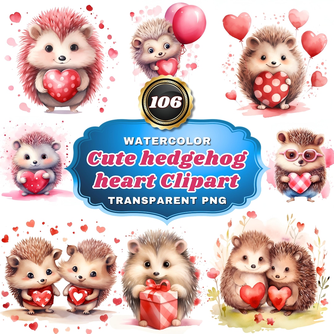 106 Valentine's Day Hedgehog Clipart, Cute Hedgehog With Hearts PNG Set ...