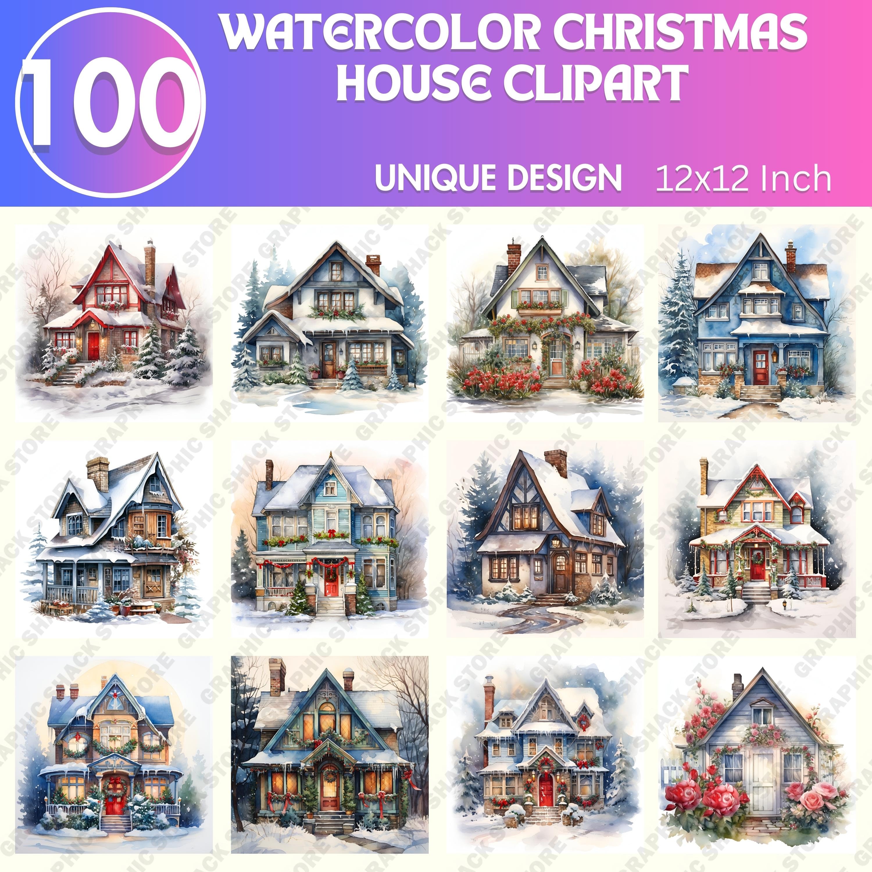 100 Watercolor Christmas House Clipart Set Cozy Cottage & - Etsy