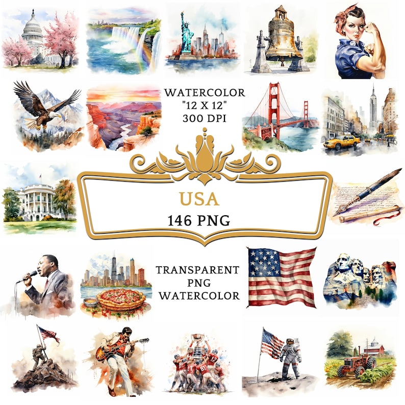 146 Watercolor USA PNG Clipart Bundle, American Dream Collection ...