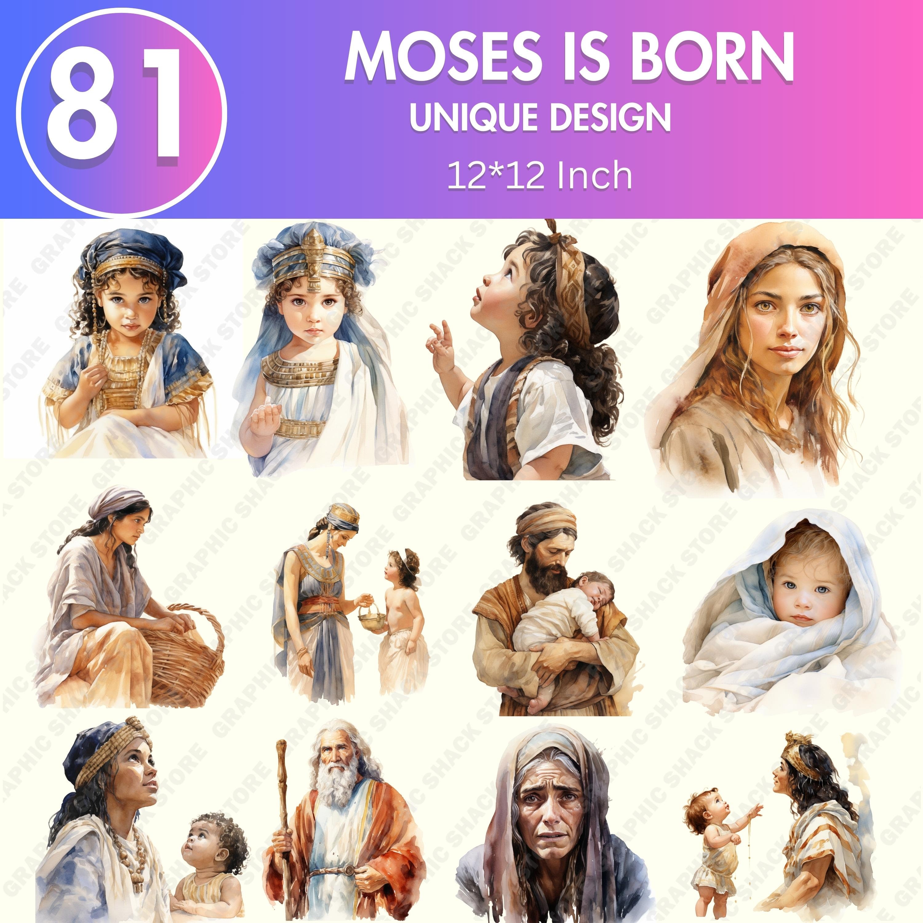 81 Watercolor Moses is Born Clip Art Christian Religious Bible Based ...