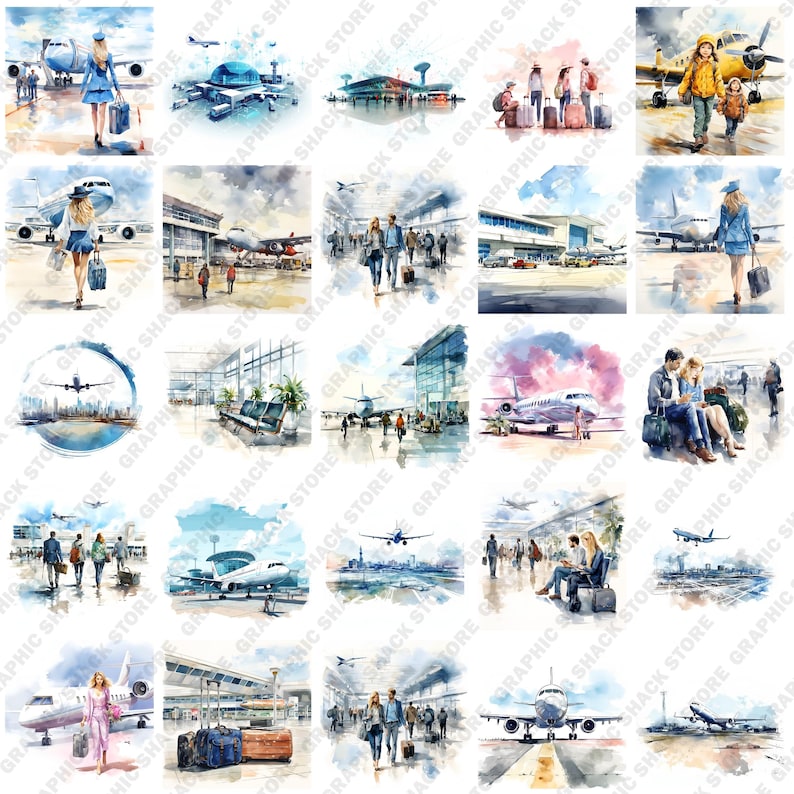 160 Watercolor Air Port Clipart Jet-set Collection: A Traveler's Dream ...