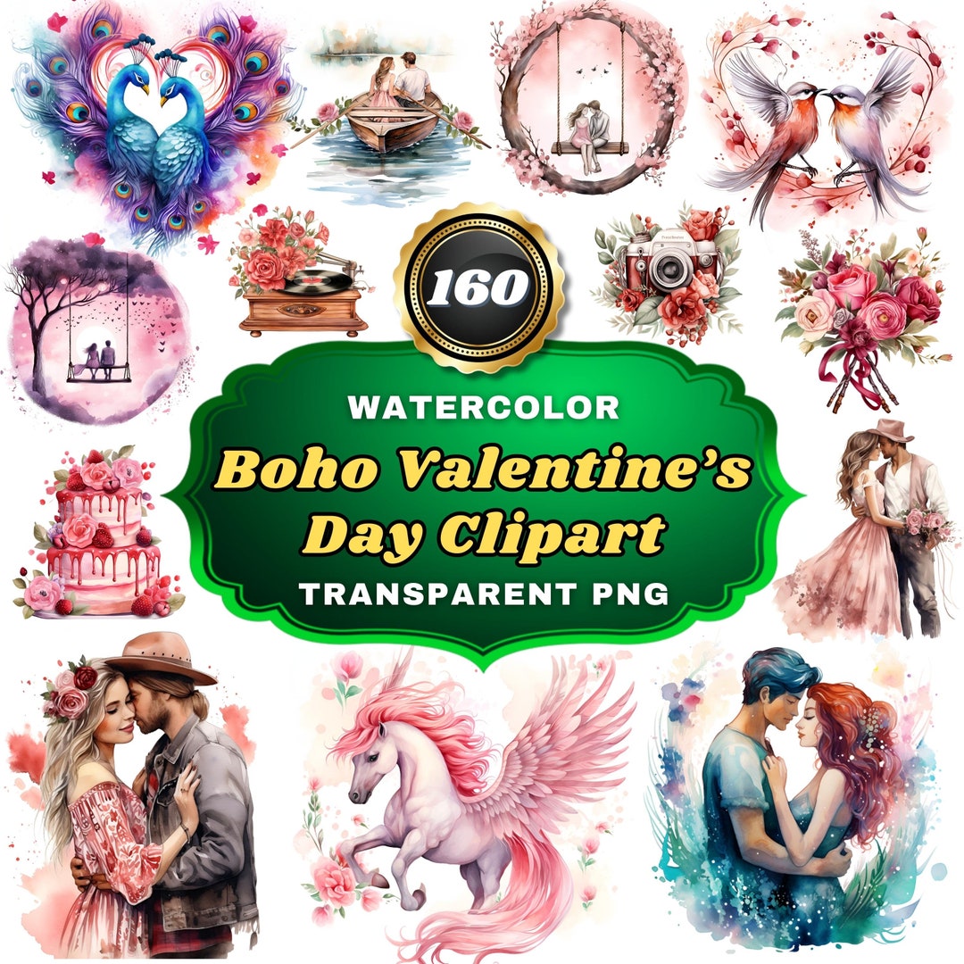 160 Boho Valentine's Day Clipart PNG Collection, Watercolor Love Themed ...