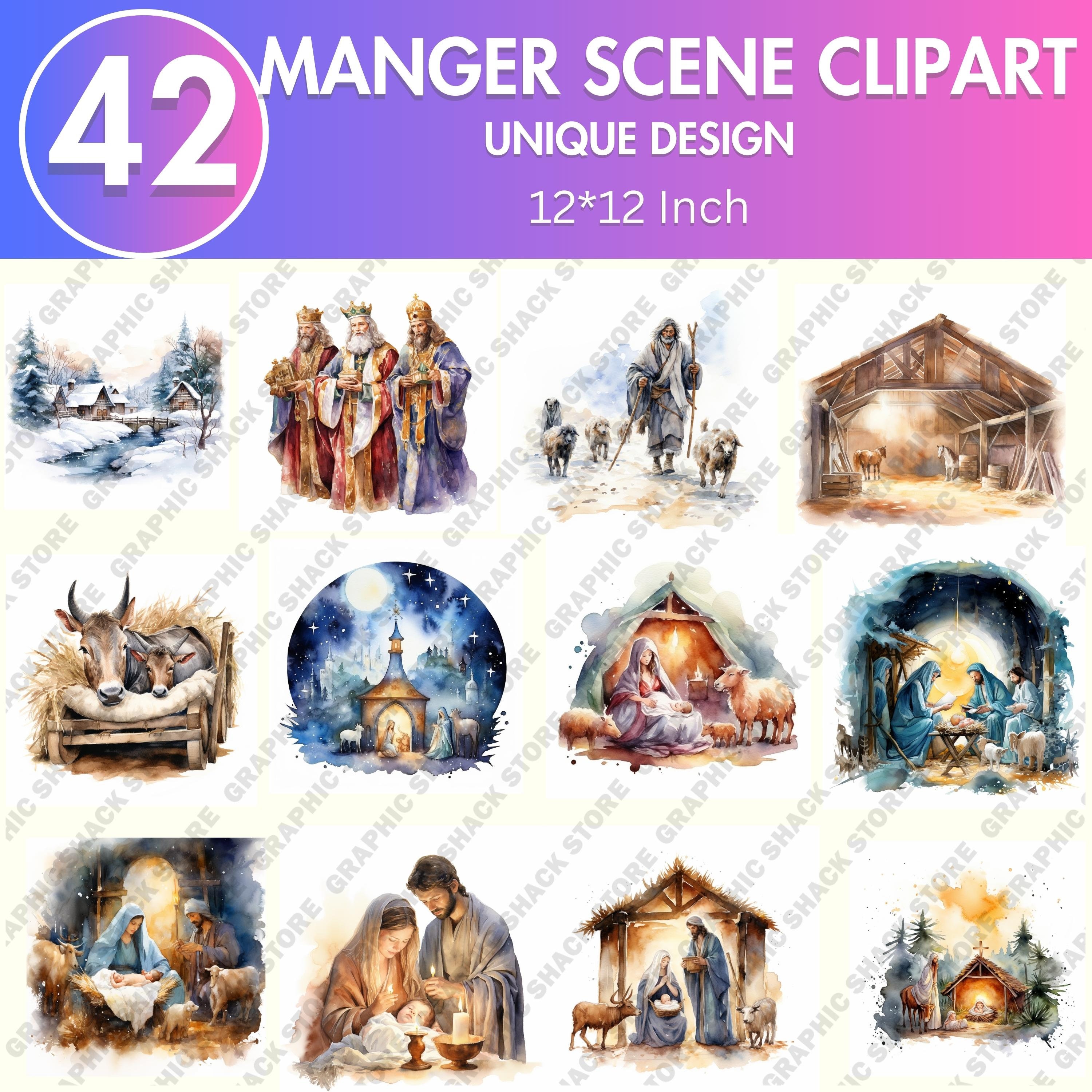 42 Watercolor Manger Scene Clipart, Christmas Nativity Scene PNG ...