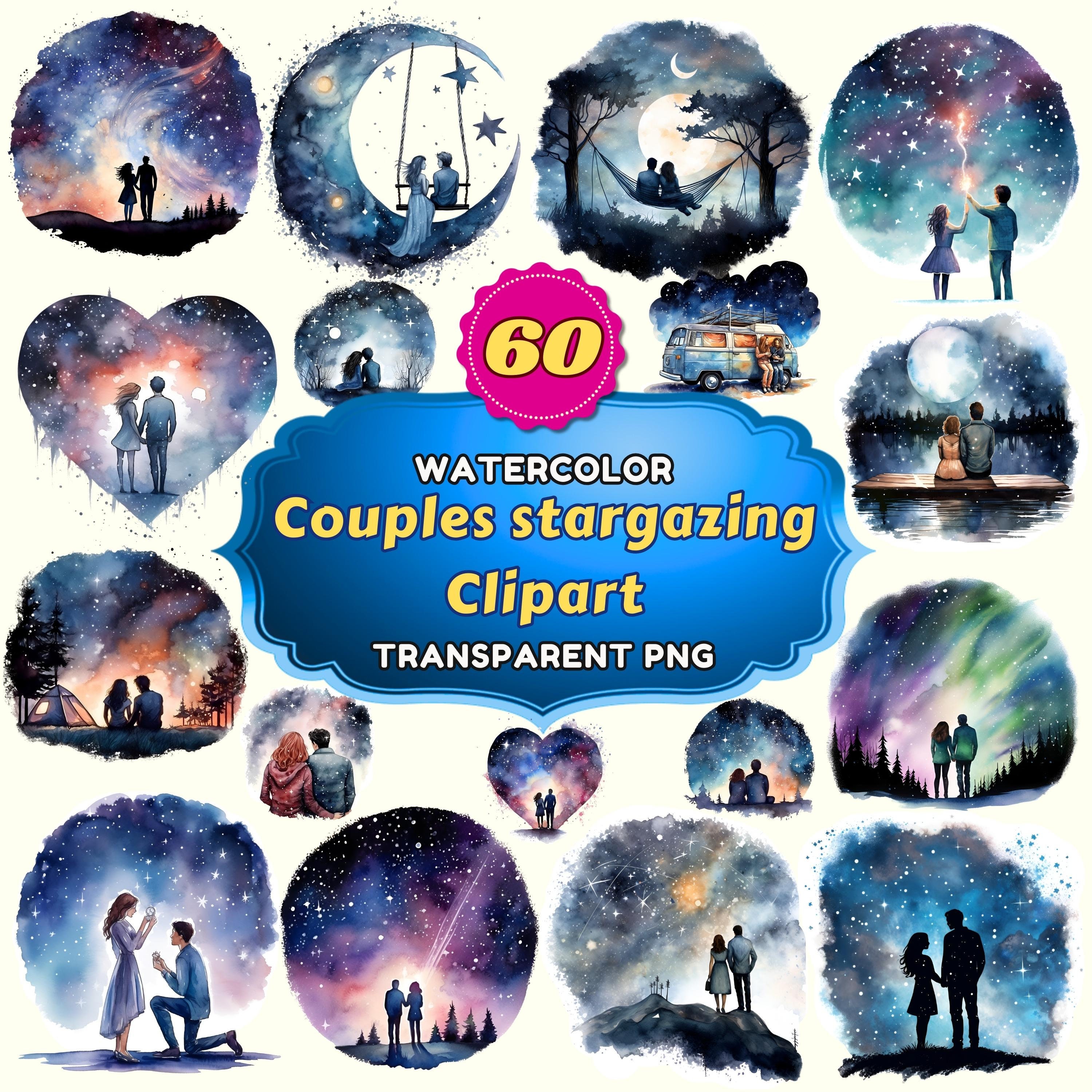 60 Watercolor Couples Stargazing Clipart, Celestial Romance: Dreamy ...