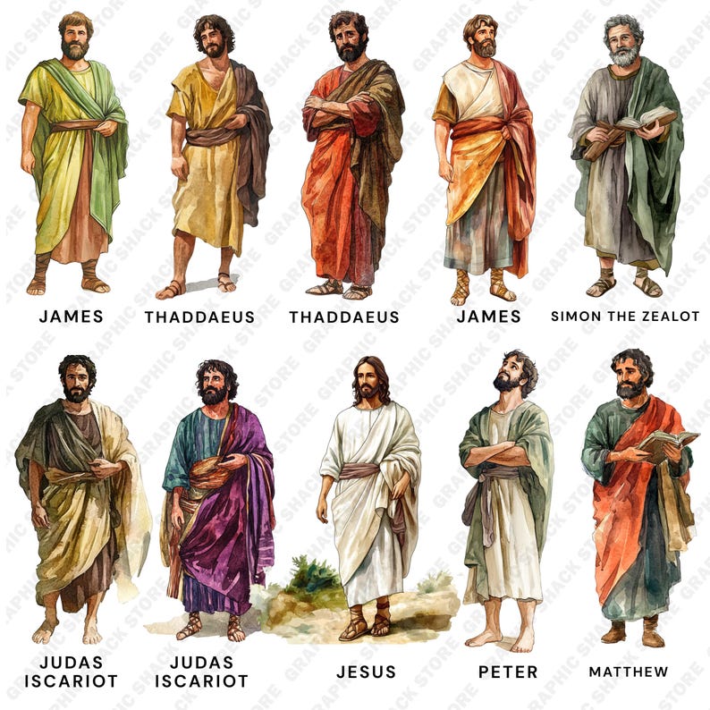 30x Twelve Disciples of Jesus PNG Bundle, Watercolor Bible Characters ...