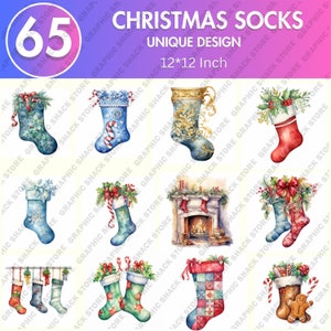 65 Watercolor Christmas Socks Clipart PNG Bundle | Christmas Stocking ...