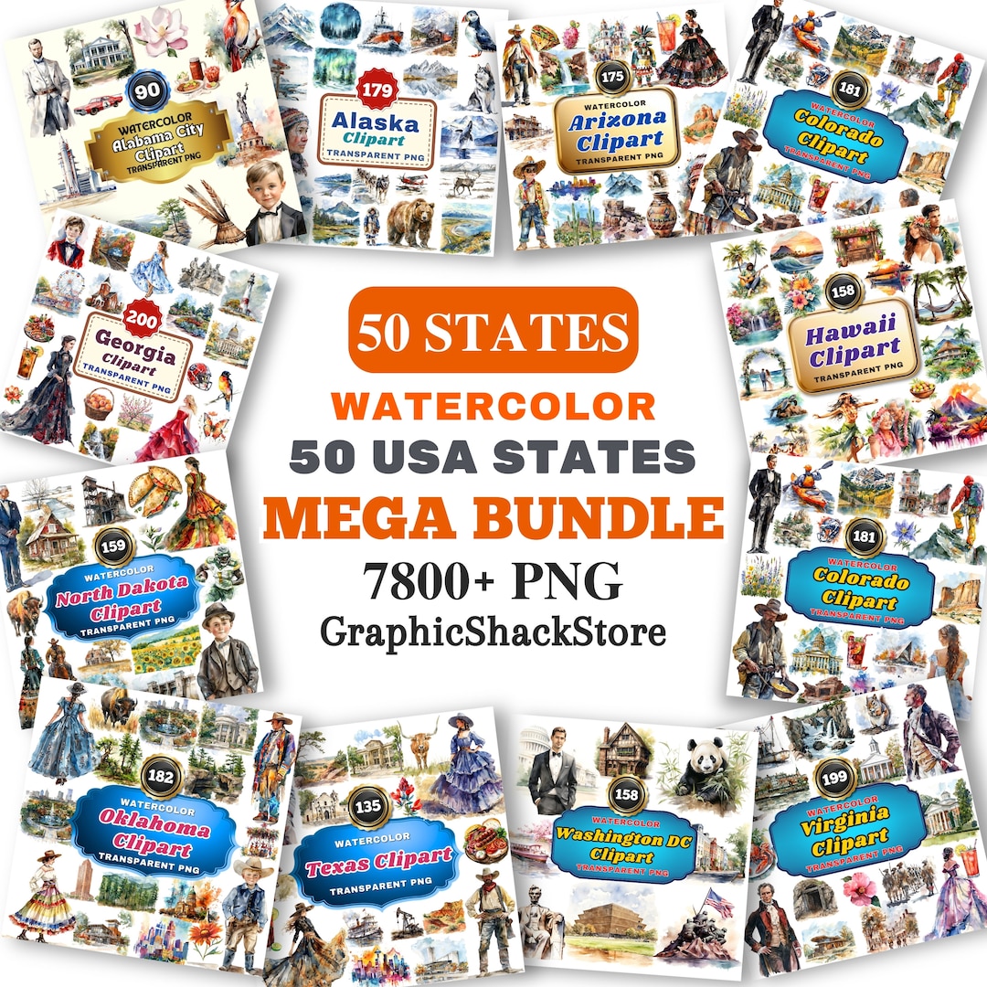 50 USA States Cliparts Mega Bundle PNG of Florida, California, Texas ...