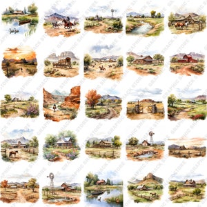 100 Watercolor Western Ranch Landscape Cliparts, Frontier Vistas Bundle ...