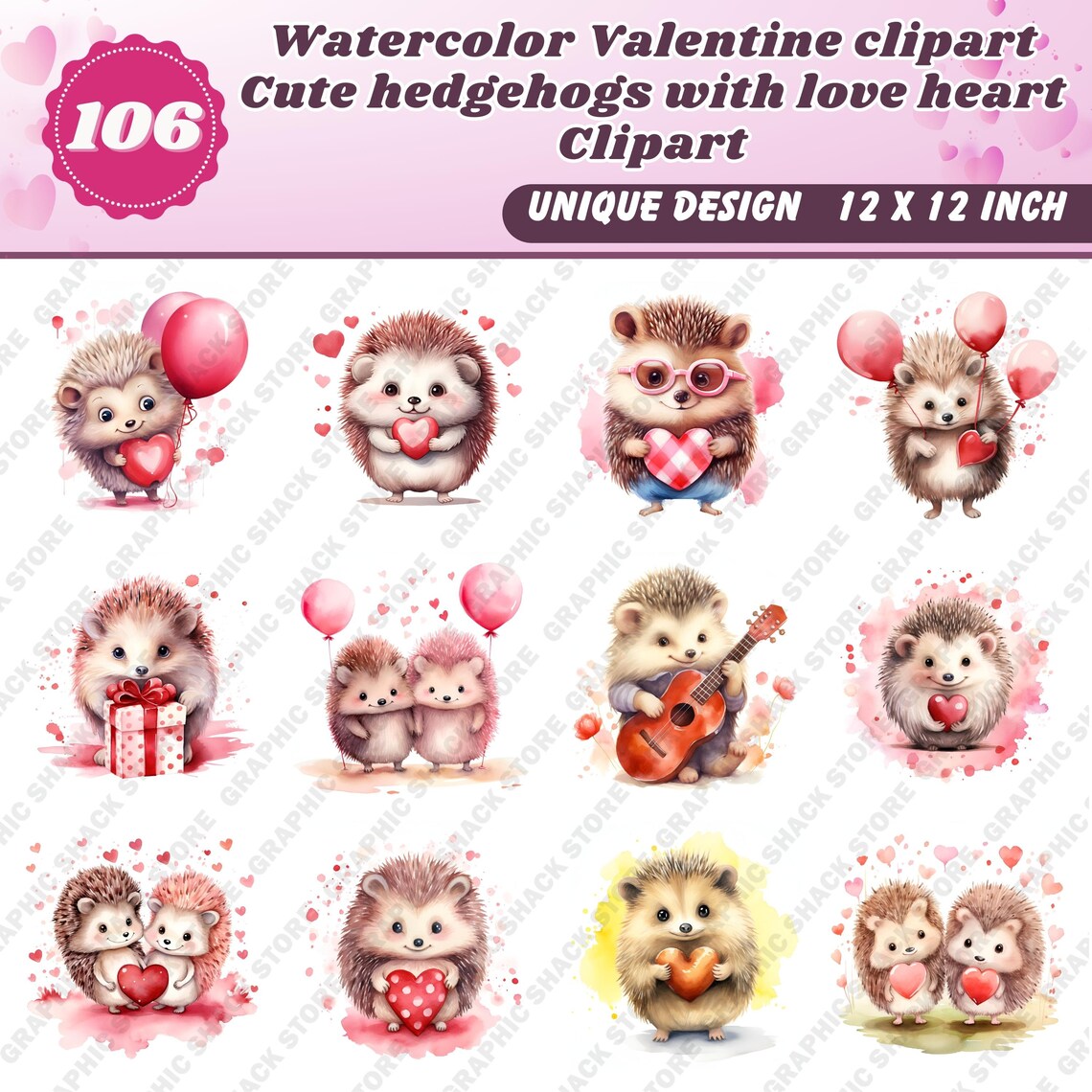 106 Valentine's Day Hedgehog Clipart, Cute Hedgehog With Hearts PNG Set ...