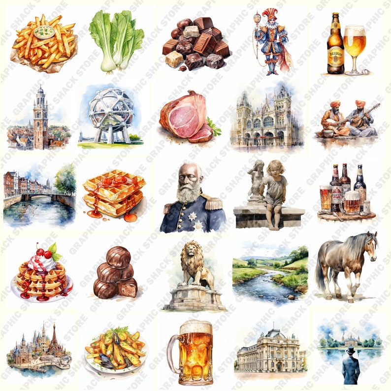 88 Watercolor Belgium PNG Clipart Bundle, Belgium Travel Sights ...