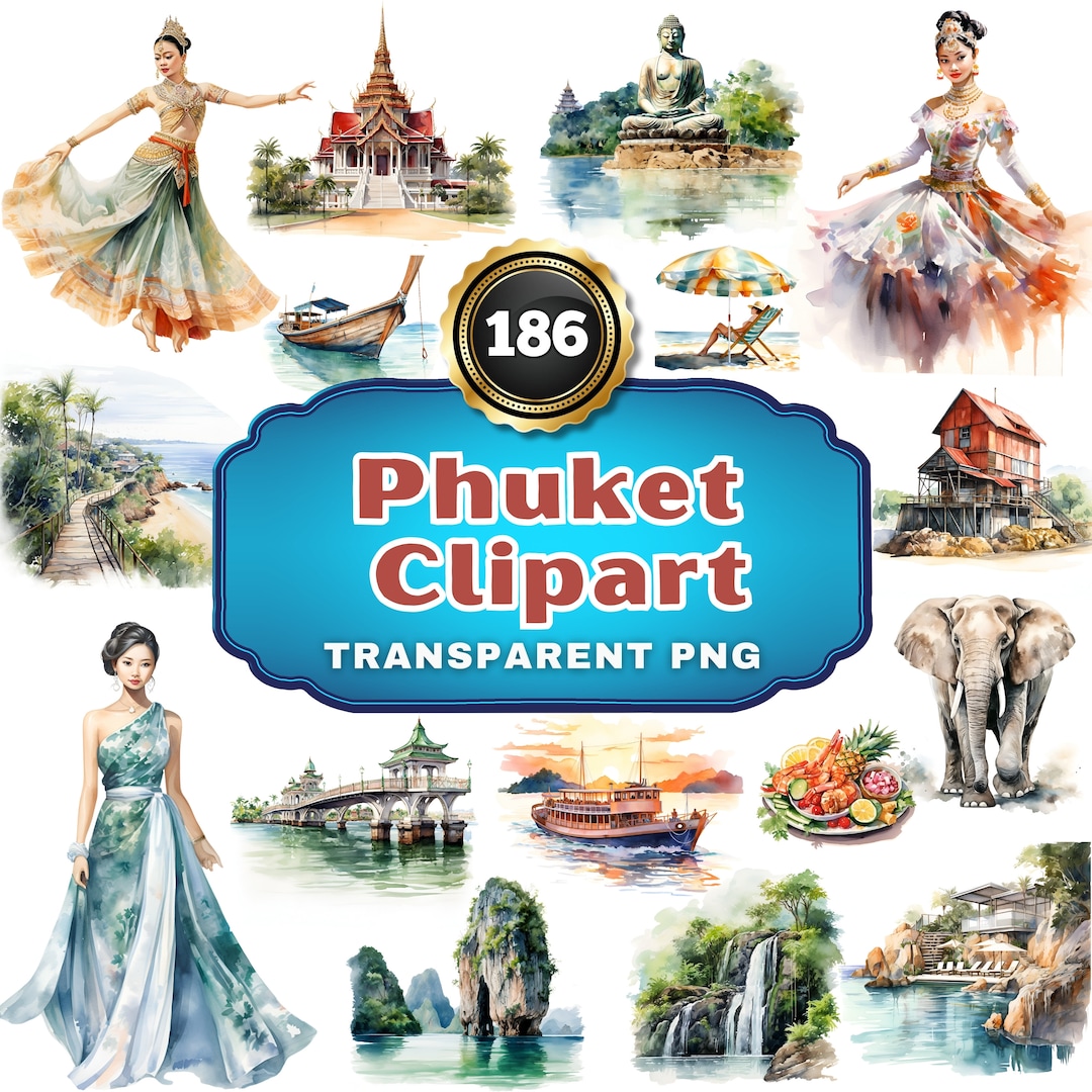 186 Watercolor Phuket Clipart PNG Bundle, Tropical Paradise Series ...