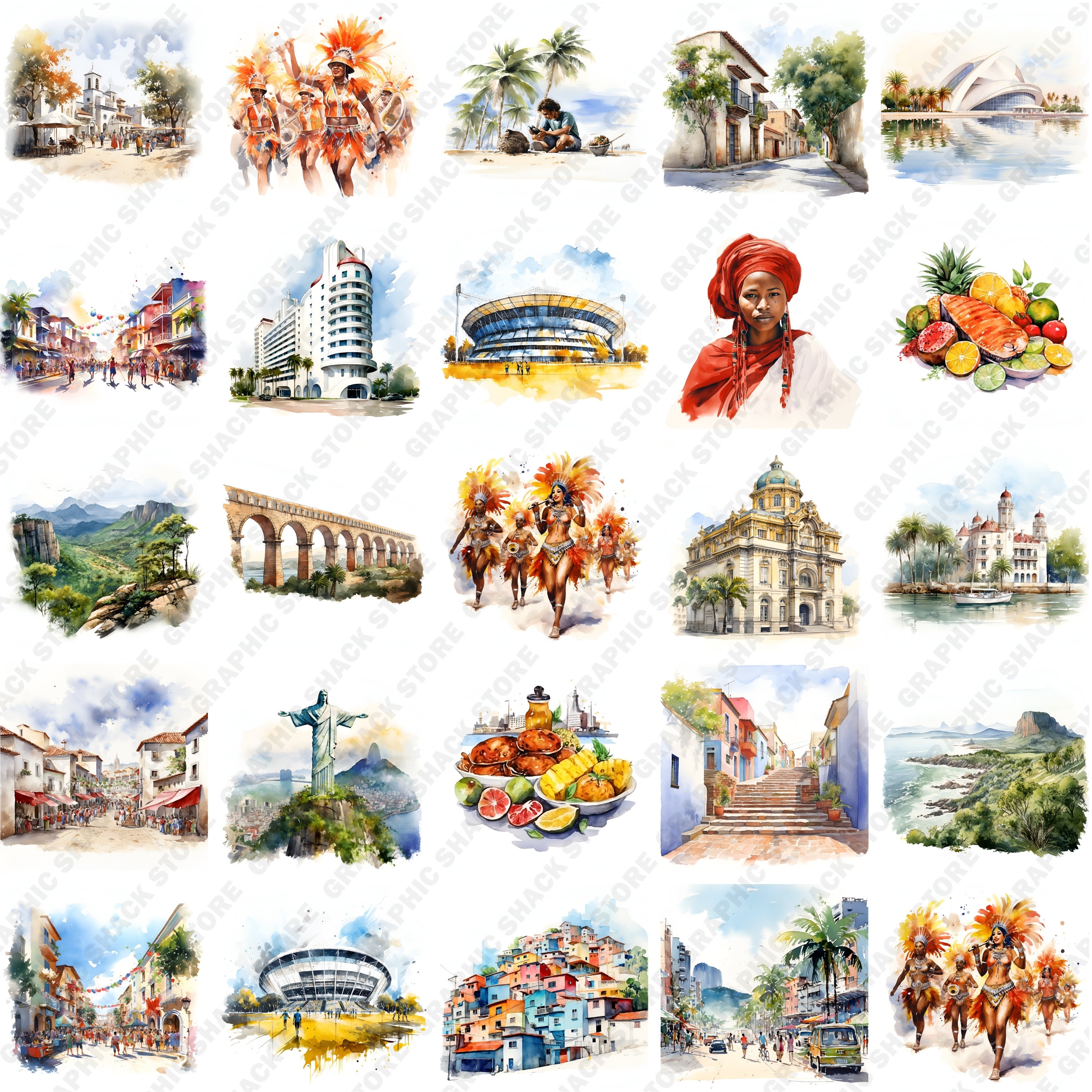 192 Watercolor Rio De Janeiro Clipart PNG Bundle, Brazil Colorful and ...