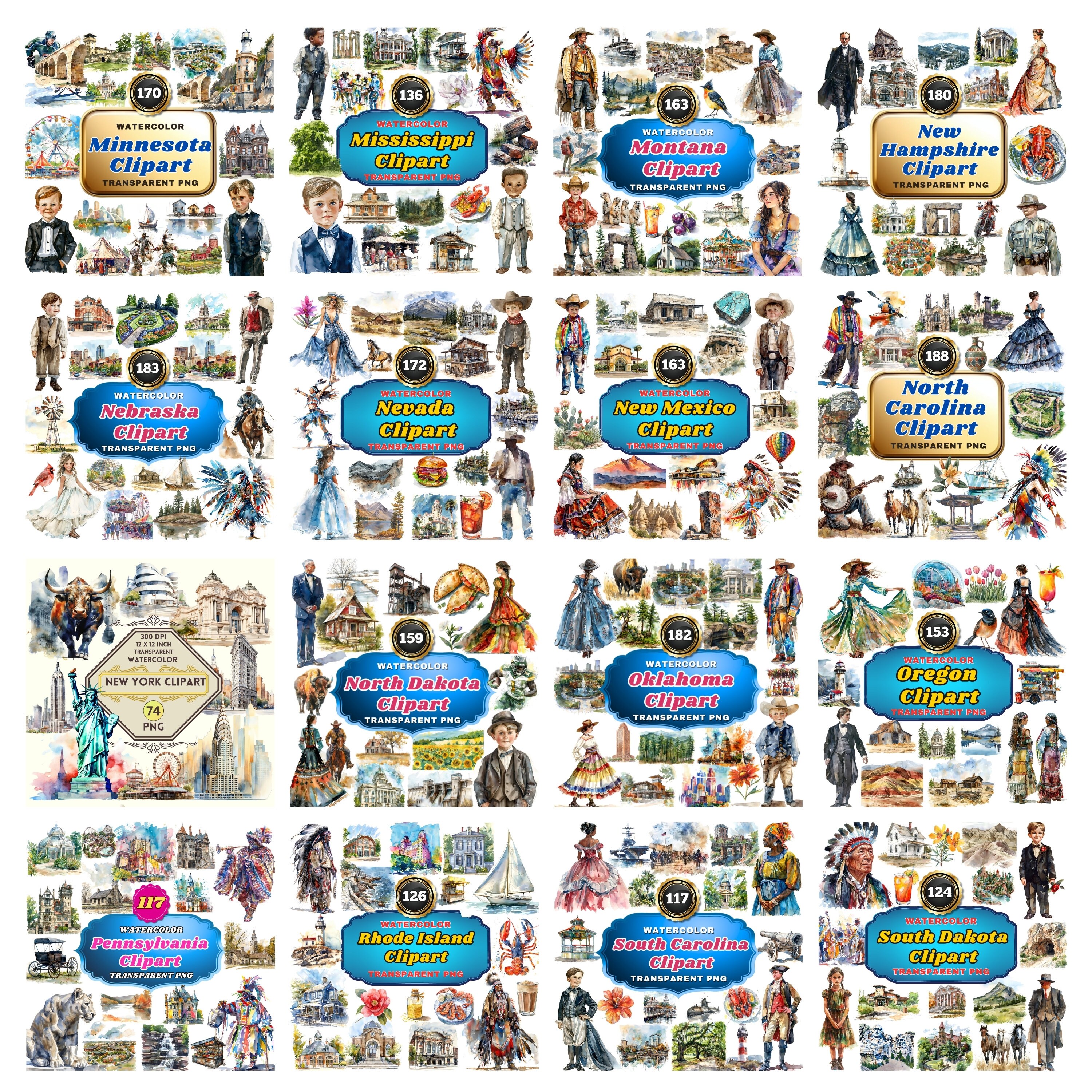 50 USA States Cliparts Mega Bundle PNG of Florida, California, Texas ...