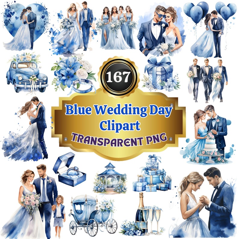 167 Watercolor Blue Wedding Day Cliparts, Blue Bliss Nuptials: Romantic ...