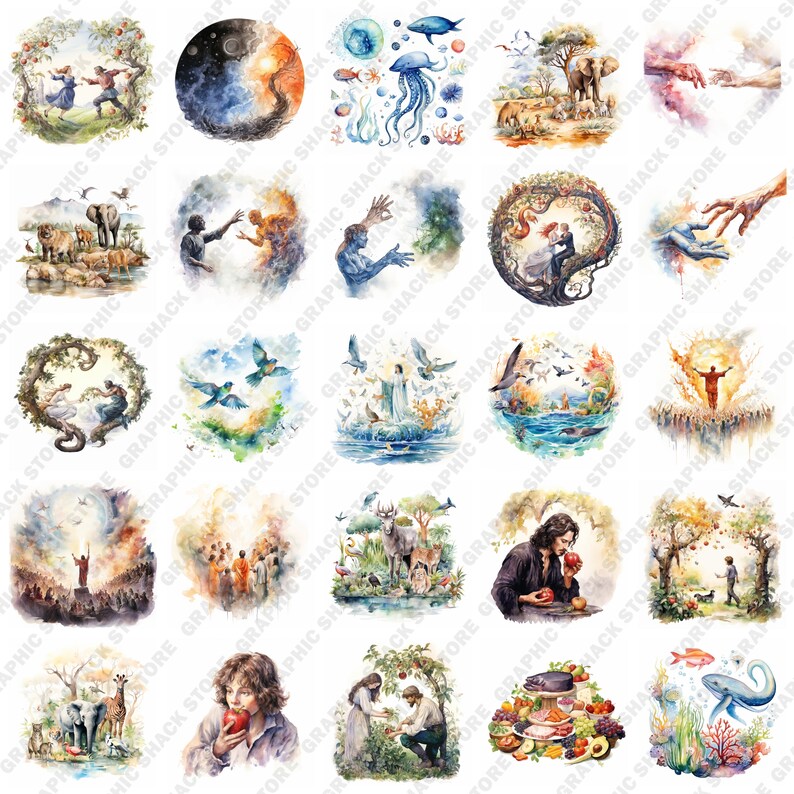 107 Watercolor Cliparts of the Creation of the World Genesis 1-2 ...
