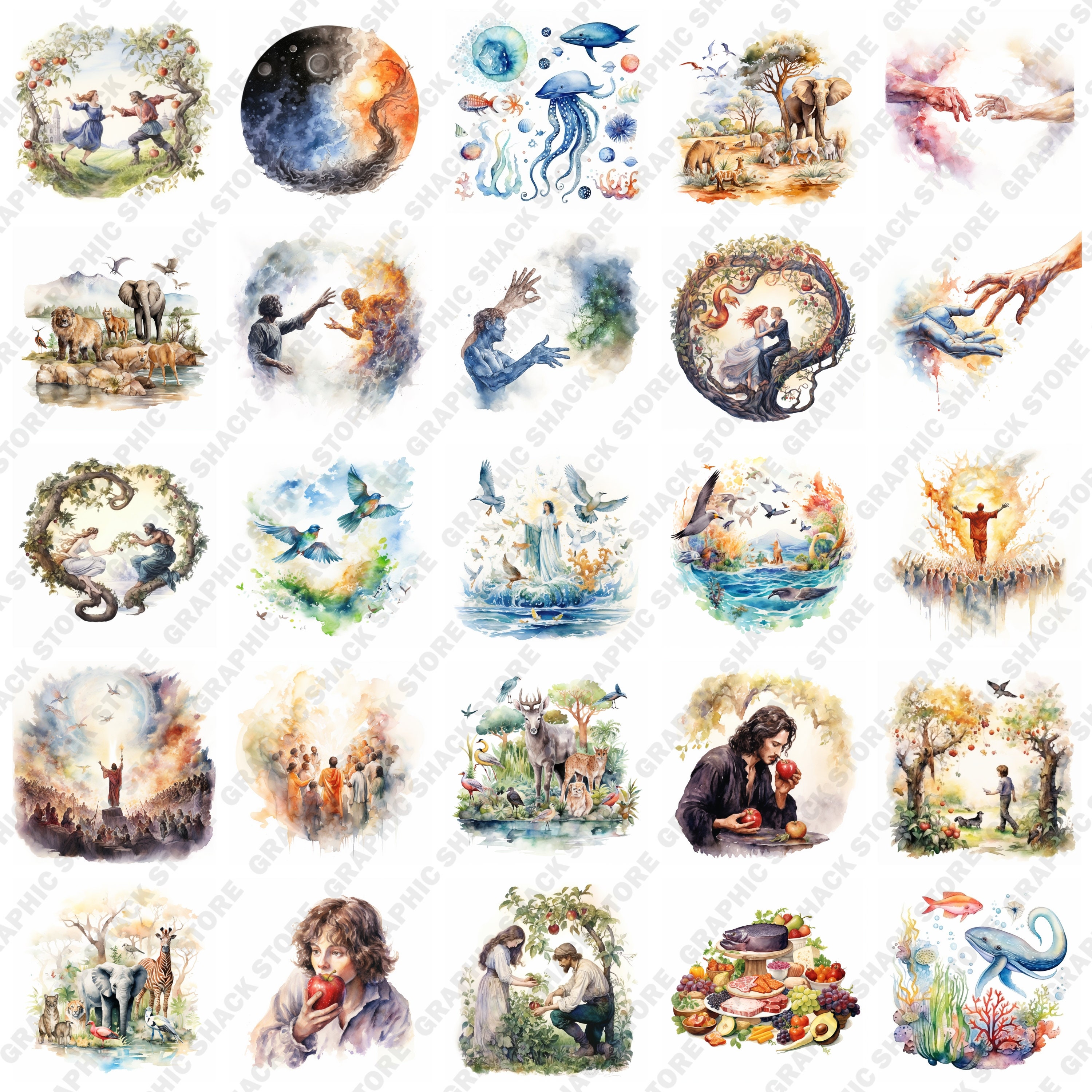107 Watercolor Cliparts of the Creation of the World Genesis 1-2 ...