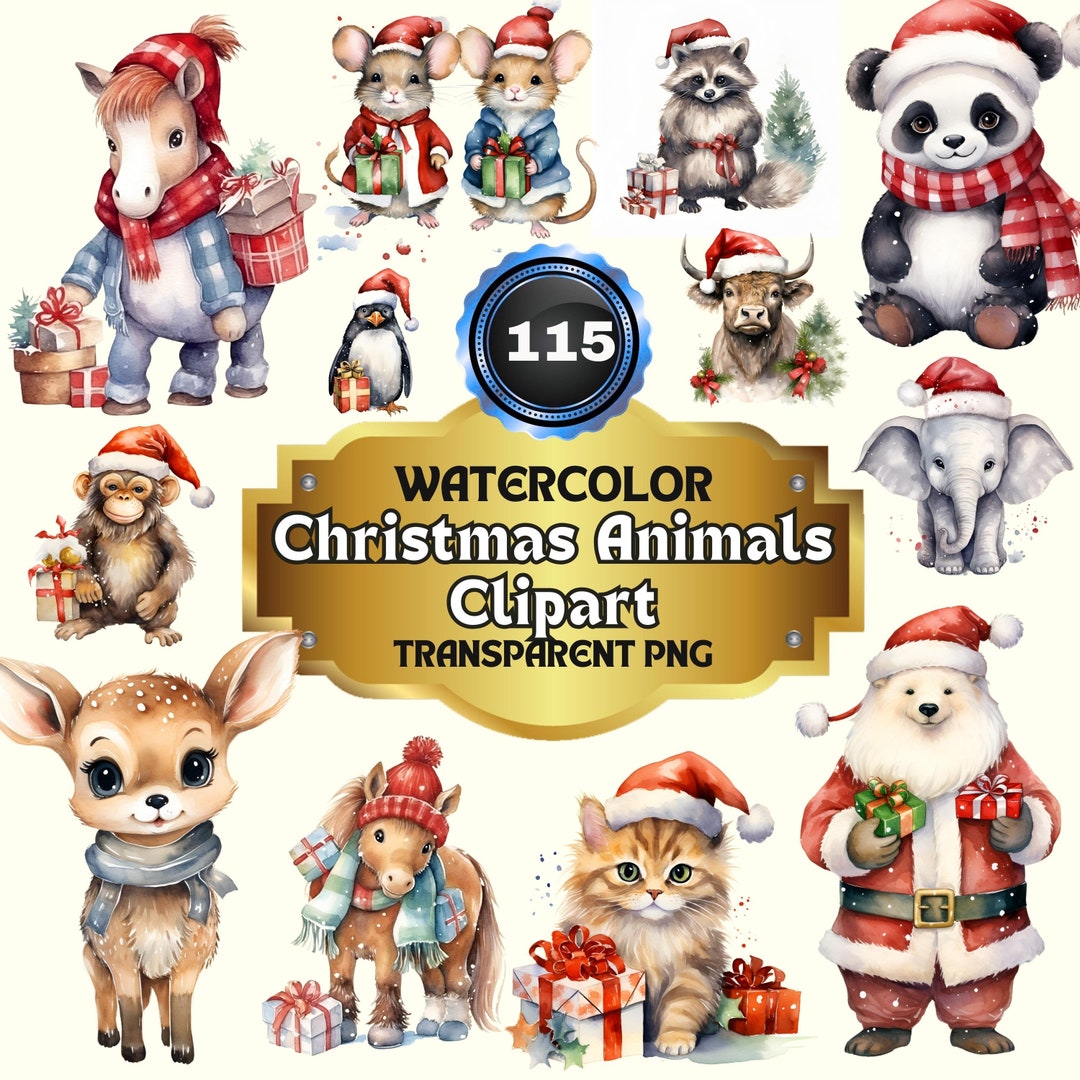 115 Christmas Animals Watercolor Clipart Bundle: Festive Xmas Decor ...