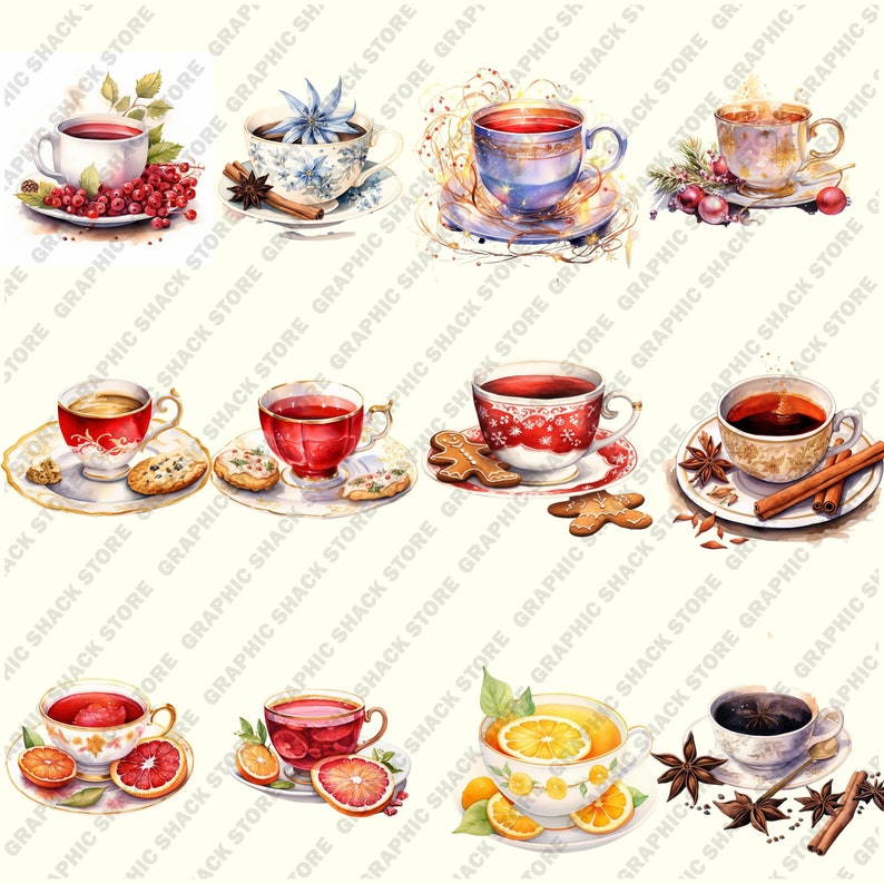 124 Watercolor Christmas Tea Clipart PNG Bundle Holiday Tea Time Images ...