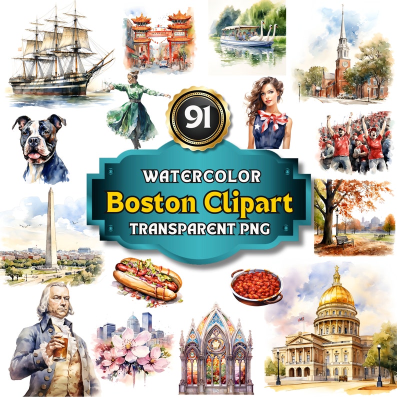 91 Watercolor Boston Clipart, Printable Massachusetts PNG Images for ...