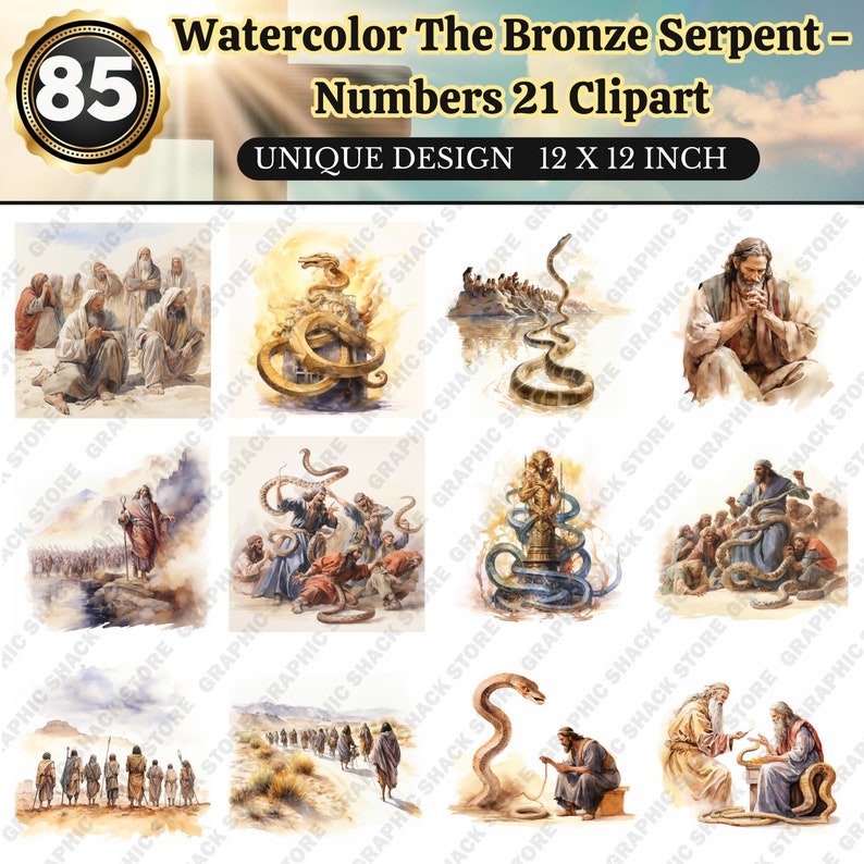 85 Watercolor Cliparts of the Bronze Serpent Numbers 21, Serpent of ...