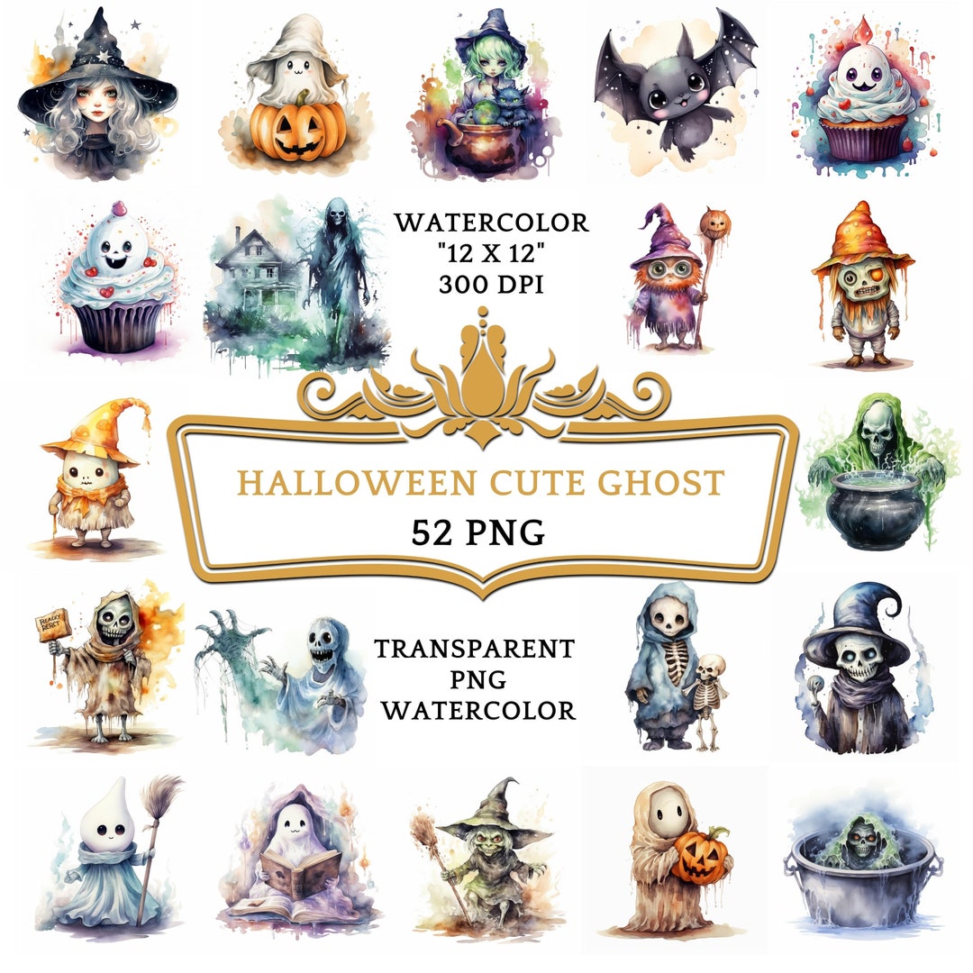 52 Halloween Cute Ghost Clip Art PNG Bundle | Cartoon Ghost Watercolor ...
