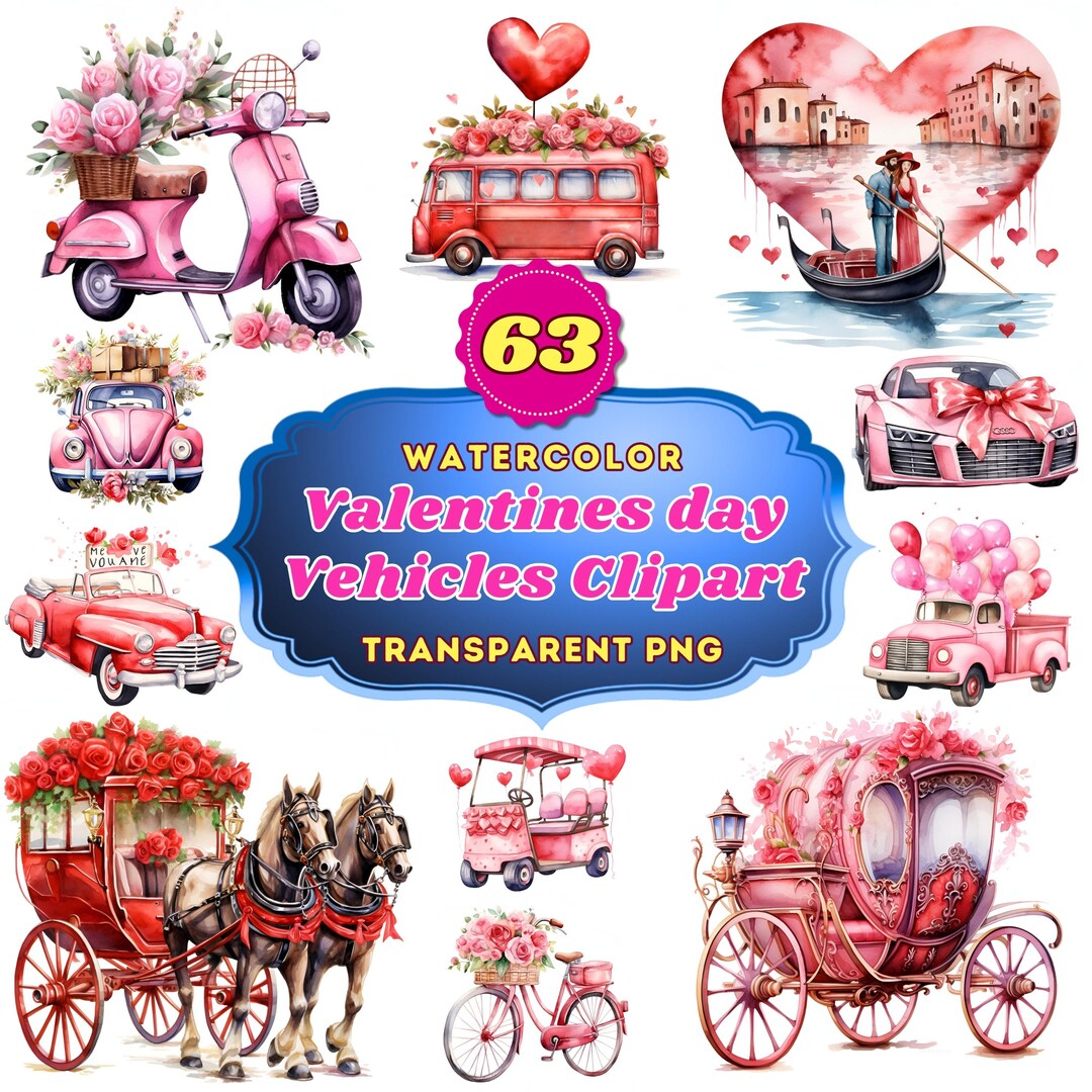 63 Valentine's Day Transport Clipart: Watercolor Love-mobiles, Romantic ...