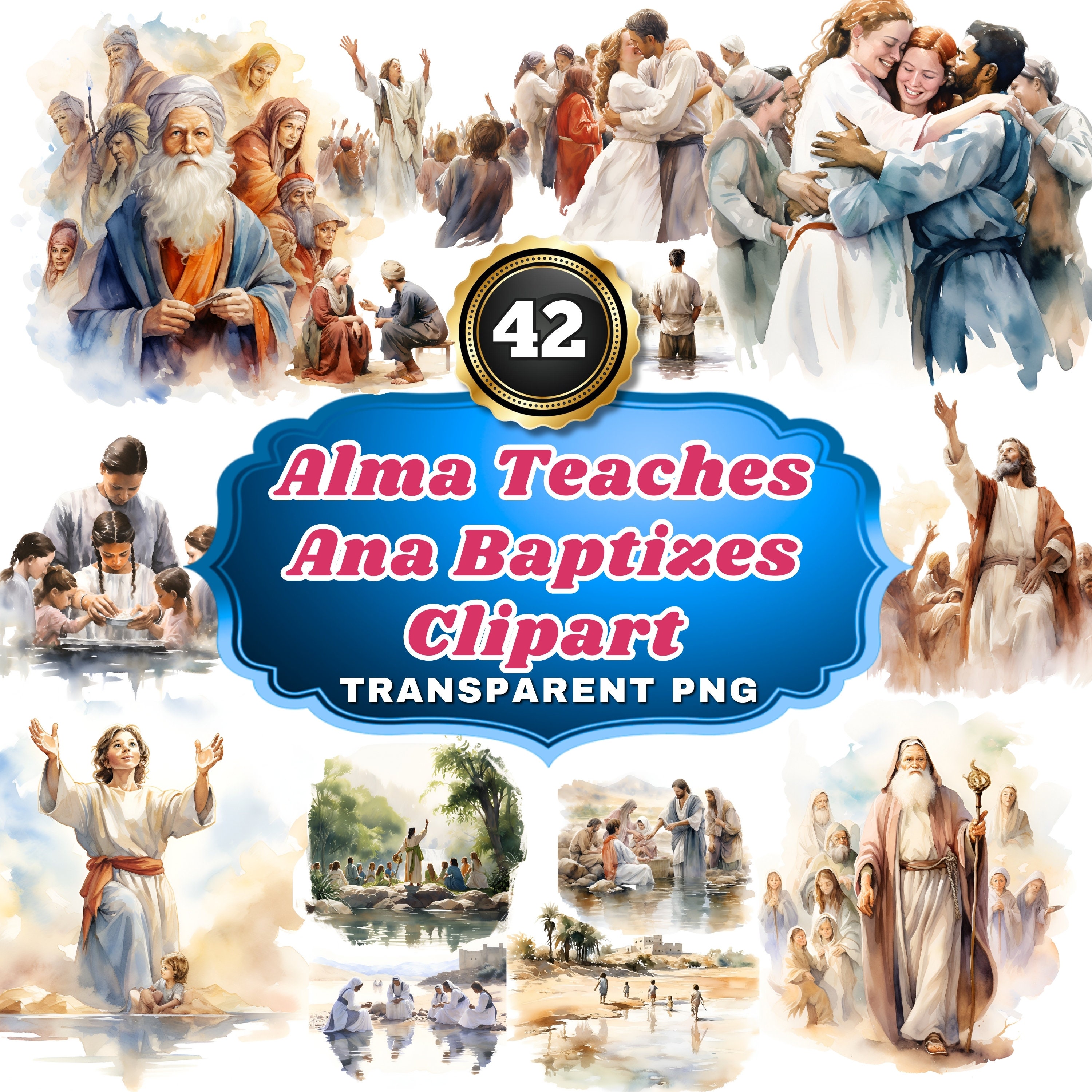 Alma Teaches & Baptizes: 42 Watercolor PNG Cliparts - Vibrant Book of ...