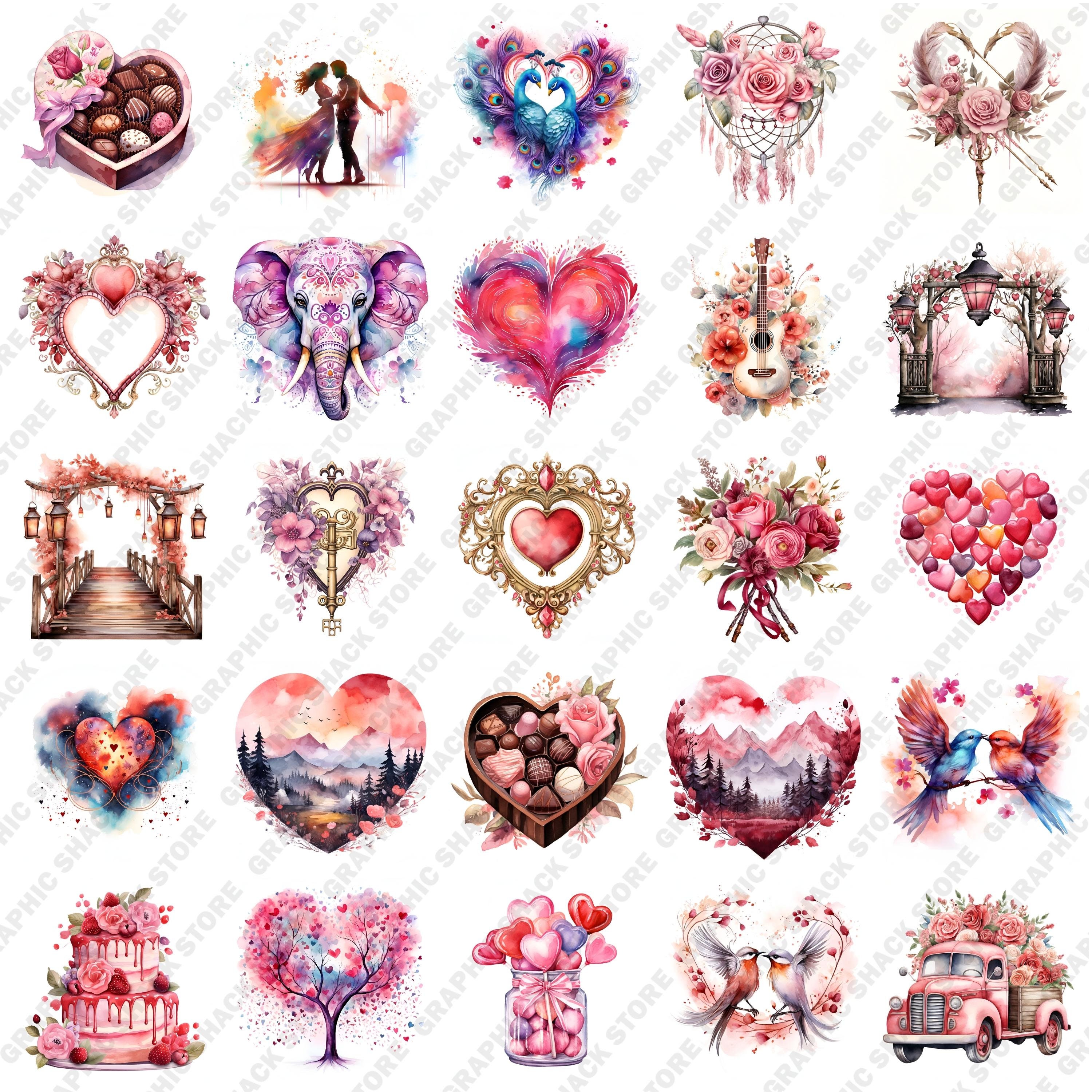 160 Boho Valentine's Day Clipart PNG Collection, Watercolor Love Themed ...