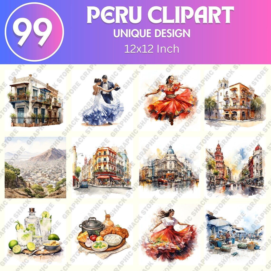 99 Watercolour Peru Clipart Bundle, Peruvian Landmarks Clipart for ...