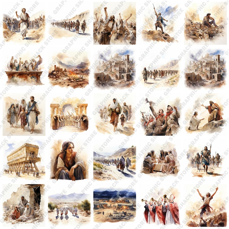 146 Watercolor Cliparts of the Fall of Jericho PNG Bundle - Joshua 6 ...
