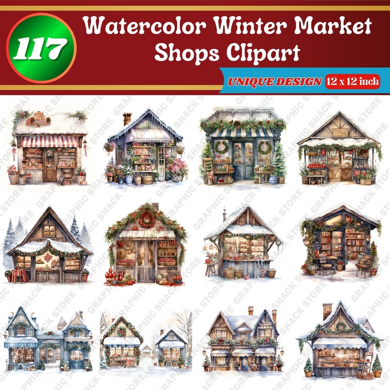 117 Watercolor Winter Market Shops PNG Clipart, Festive Christmas ...